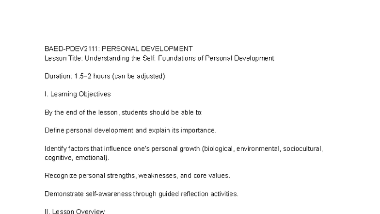 BAED-PDEV2111 Lesson: Understanding the Self in Personal Development ...