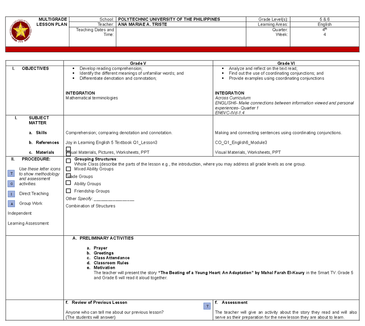 Triste Multigrade- Lesson-PLAN - MULTIGRADE LESSON PLAN School: POLYTECHNIC UNIVERSITY OF THE ...