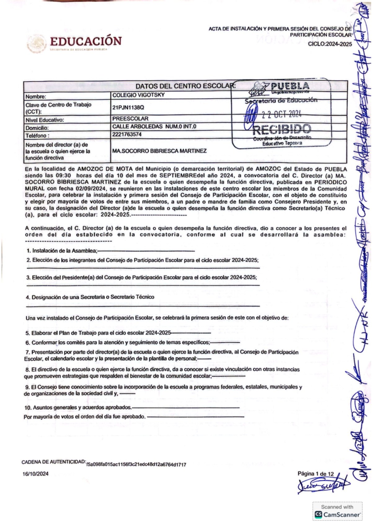 Acta de Instalación y Primera Sesión del Consejo Escolar 21PJN1138Q ...
