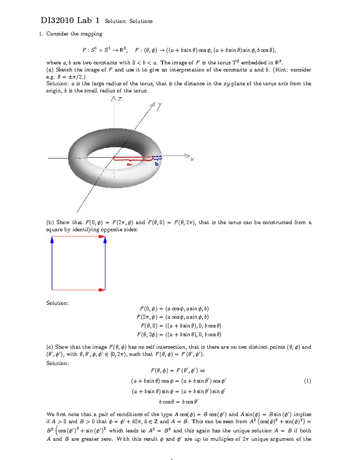 DI32010 Lab 1 Solutions: Mapping and Properties of the Torus T² - Studocu
