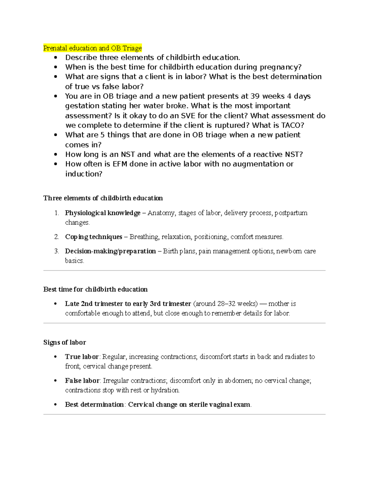 Childbirth Education and OB Triage Overview for Nursing Students (NURS ...