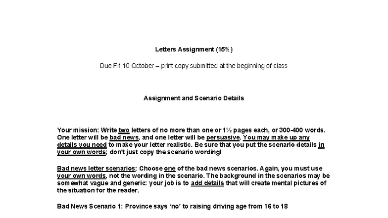 Letters Assignment & Scenarios (ENG 101) - Due Fri, Oct 10 - Studocu