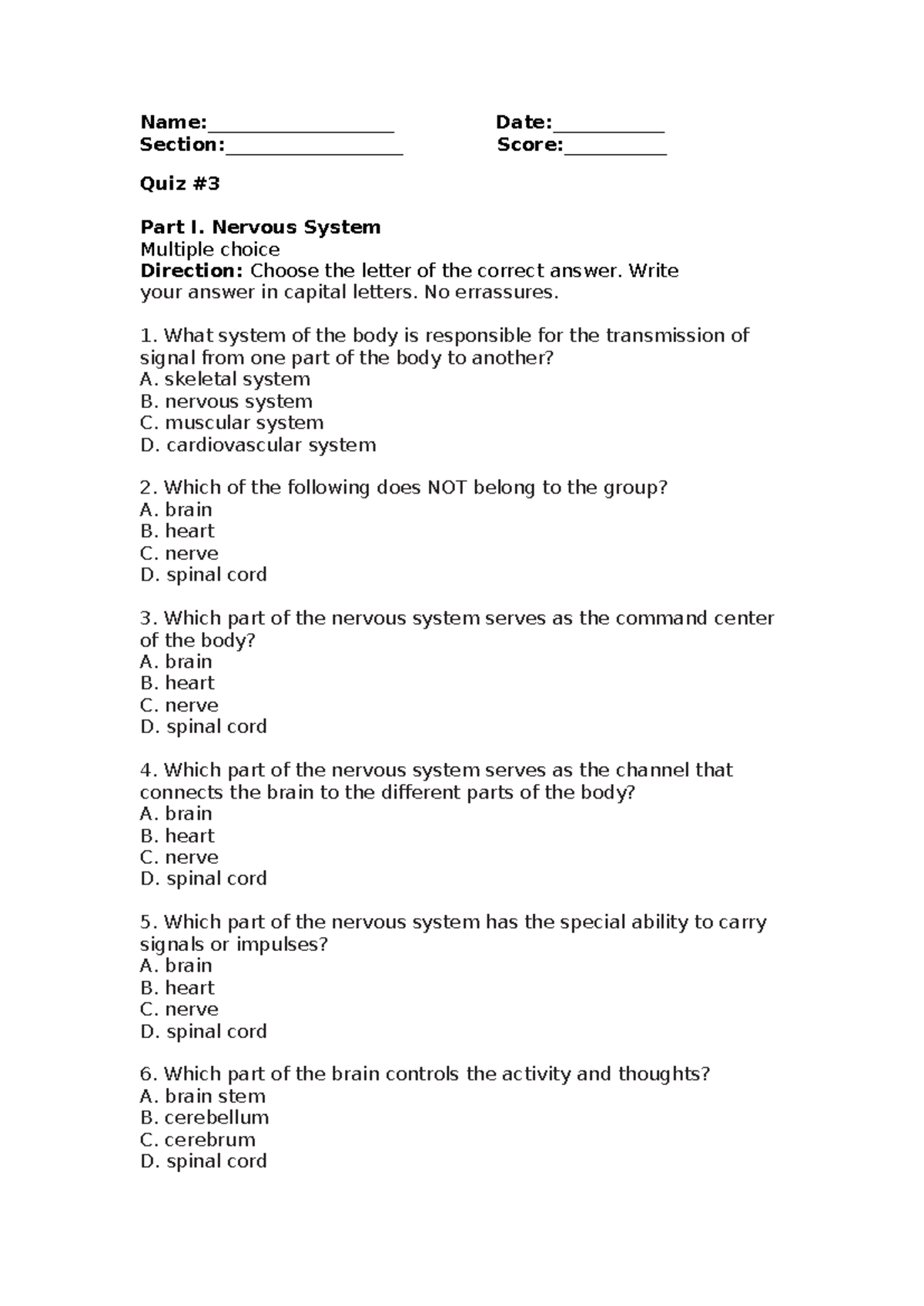 Quiz 3 - Science 10 Q4: Nervous System MCQs - Studocu