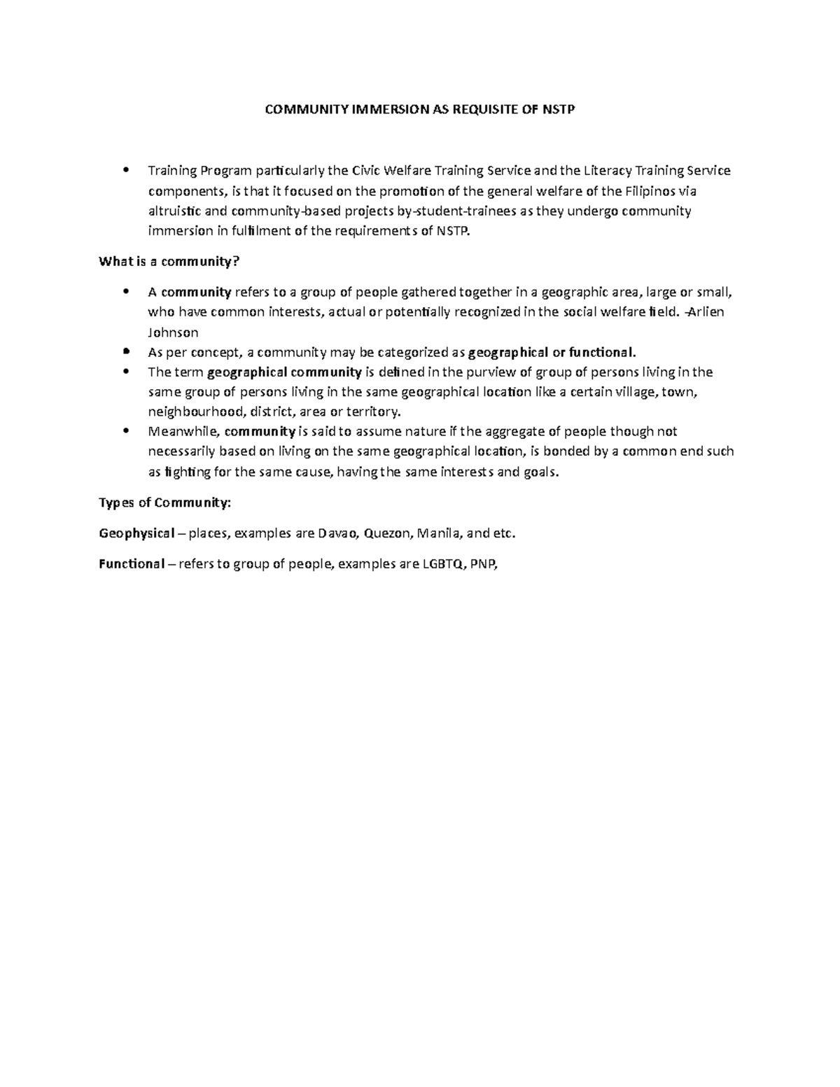 NSTP 2 - Understanding Community Immersion and Its Importance - Studocu