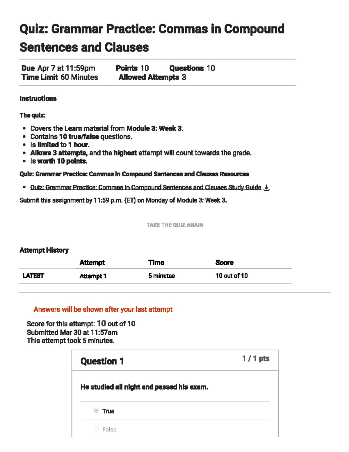 ENGL101 Week 3 Quiz Grammar Practice Commas in Compound Sentences and ...