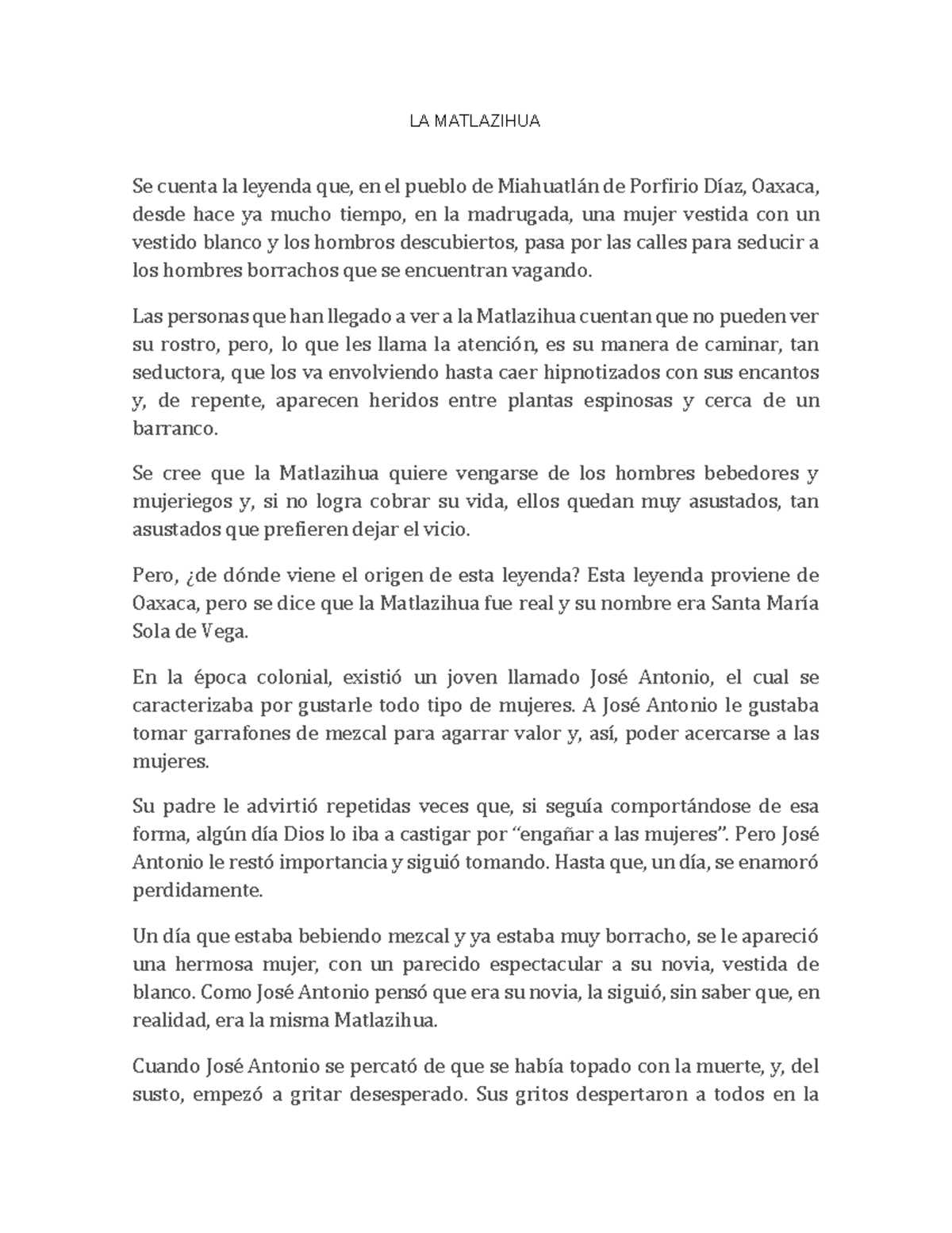 Leyenda de La Matlazihua: El Misterio de Oaxaca - Studocu