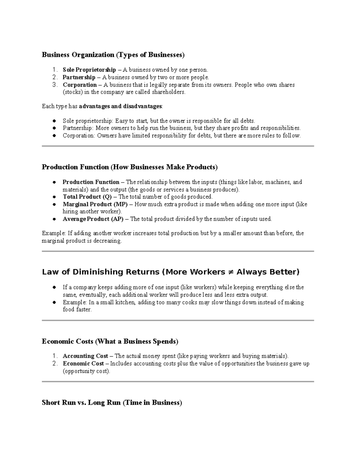 Economics Lecture 13 notes - Business Organization (Types of Businesses ...