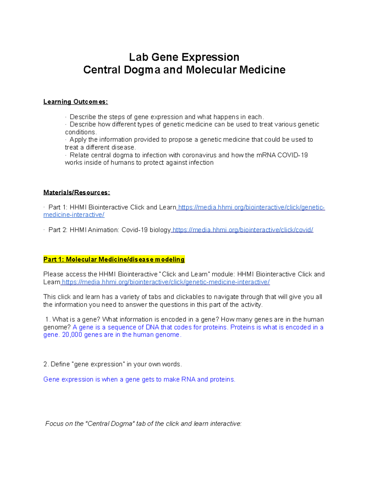 Lab Gene Expression: Central Dogma & Genetic Medicine Overview - Studocu