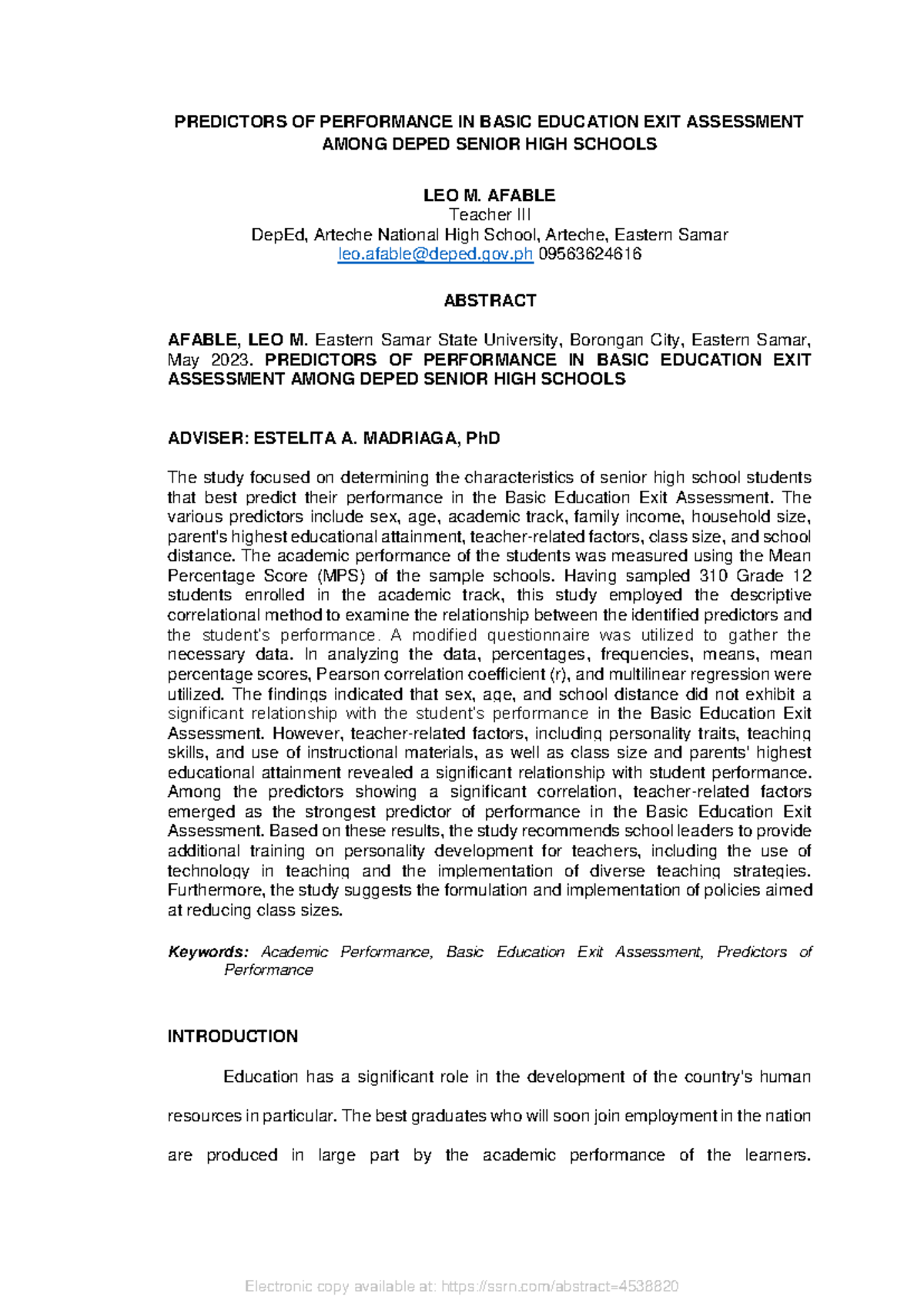 Predictors of Performance in Basic Education Exit Assessment (BEEA ...