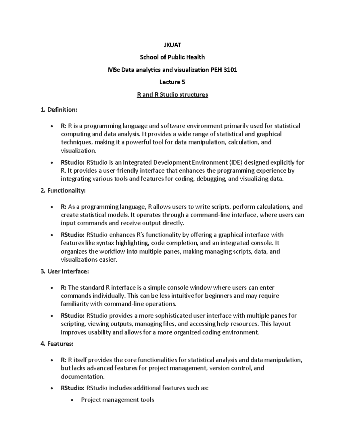 PEH 3101 Lecture 5: R and RStudio Structures Overview - Studocu
