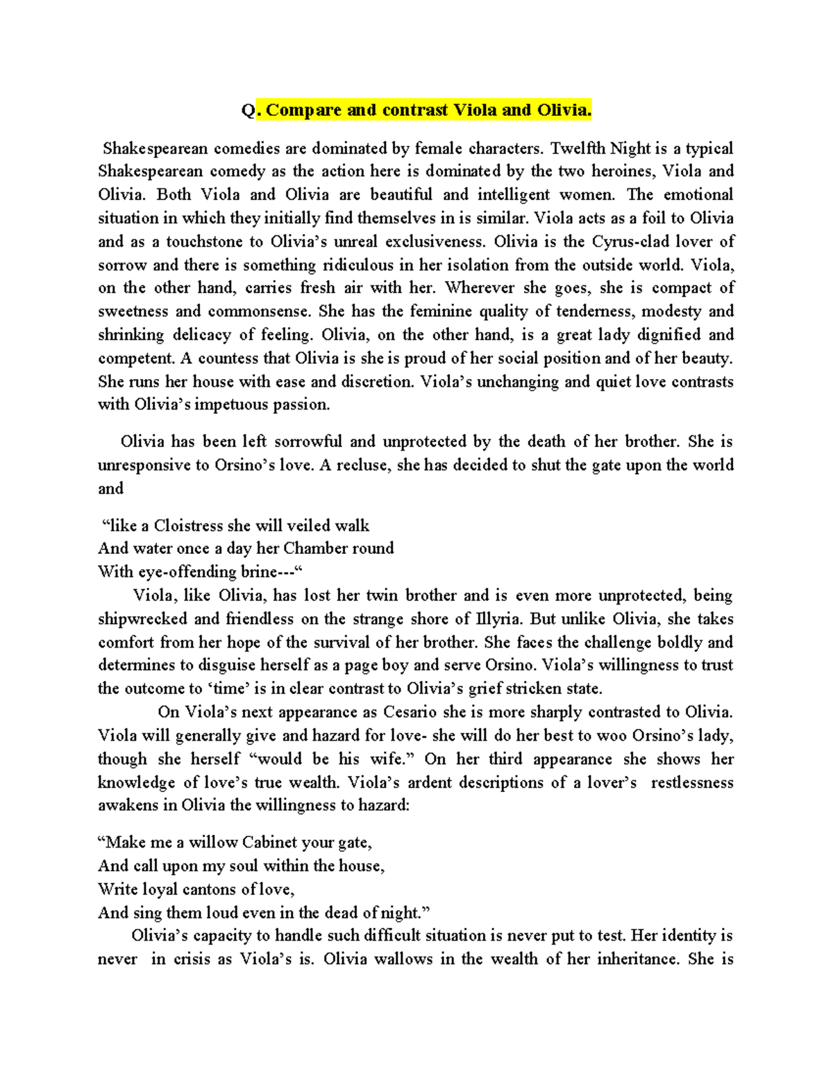 Viola & Olivia: A Comparative Analysis in Twelfth Night - 25 - Studocu