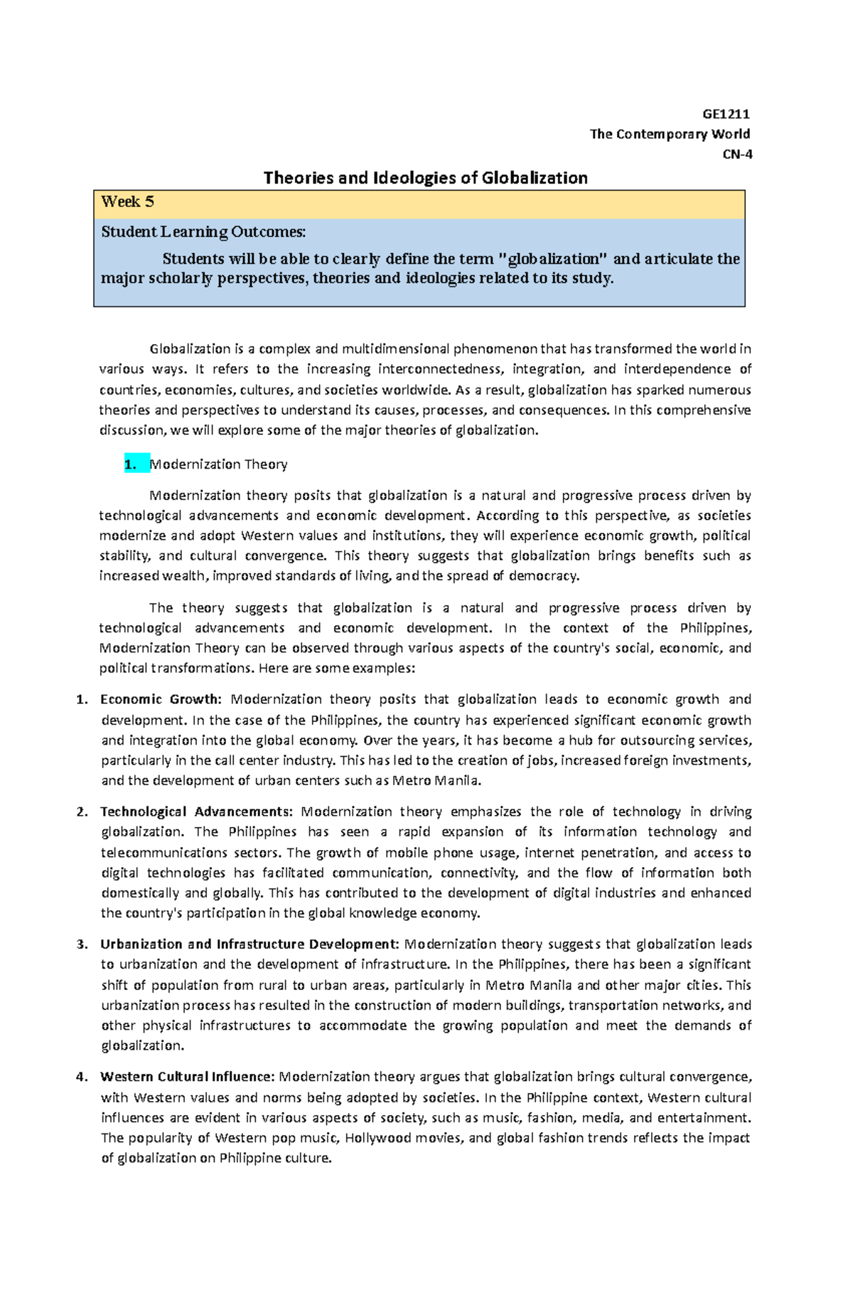 GE 101 Final Exam: Theories and Ideologies of Globalization - Week 5 - Studocu