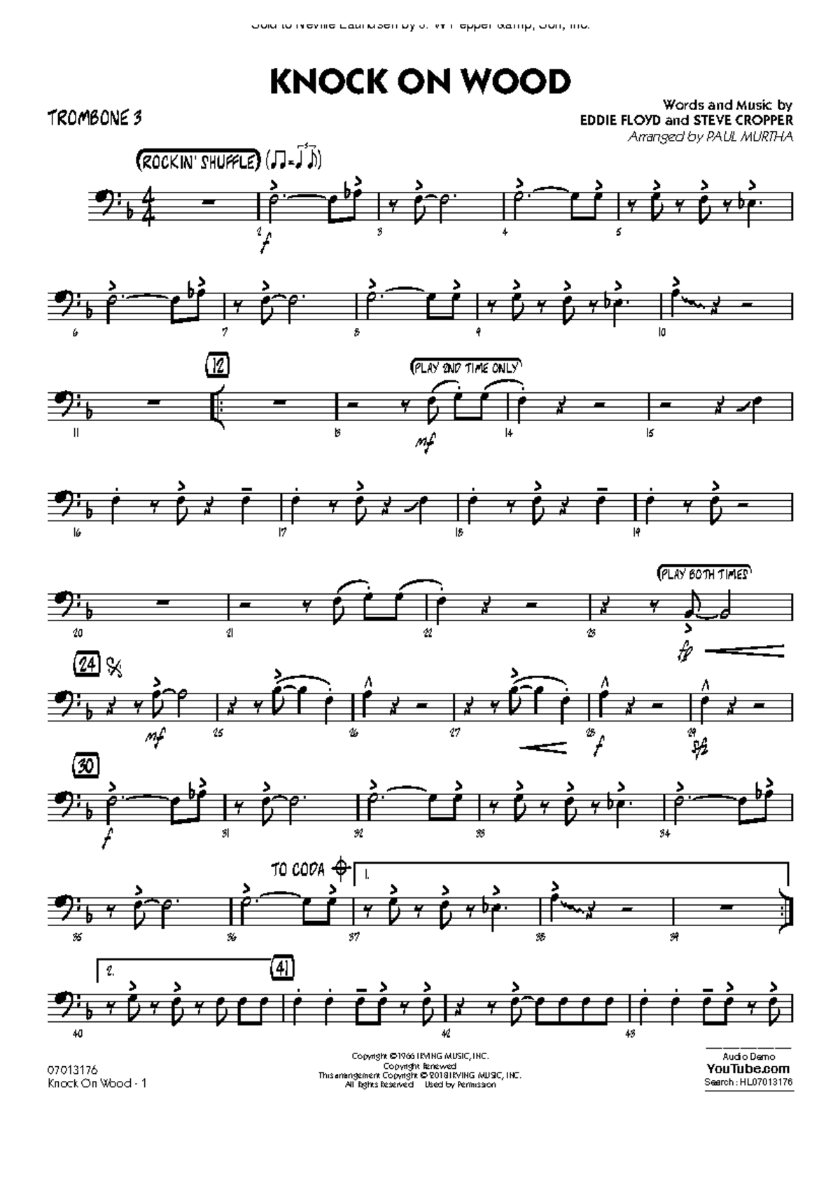 KNOCK ON WOOD Trombone 3 Arrangement - J. W Pepper - Studocu