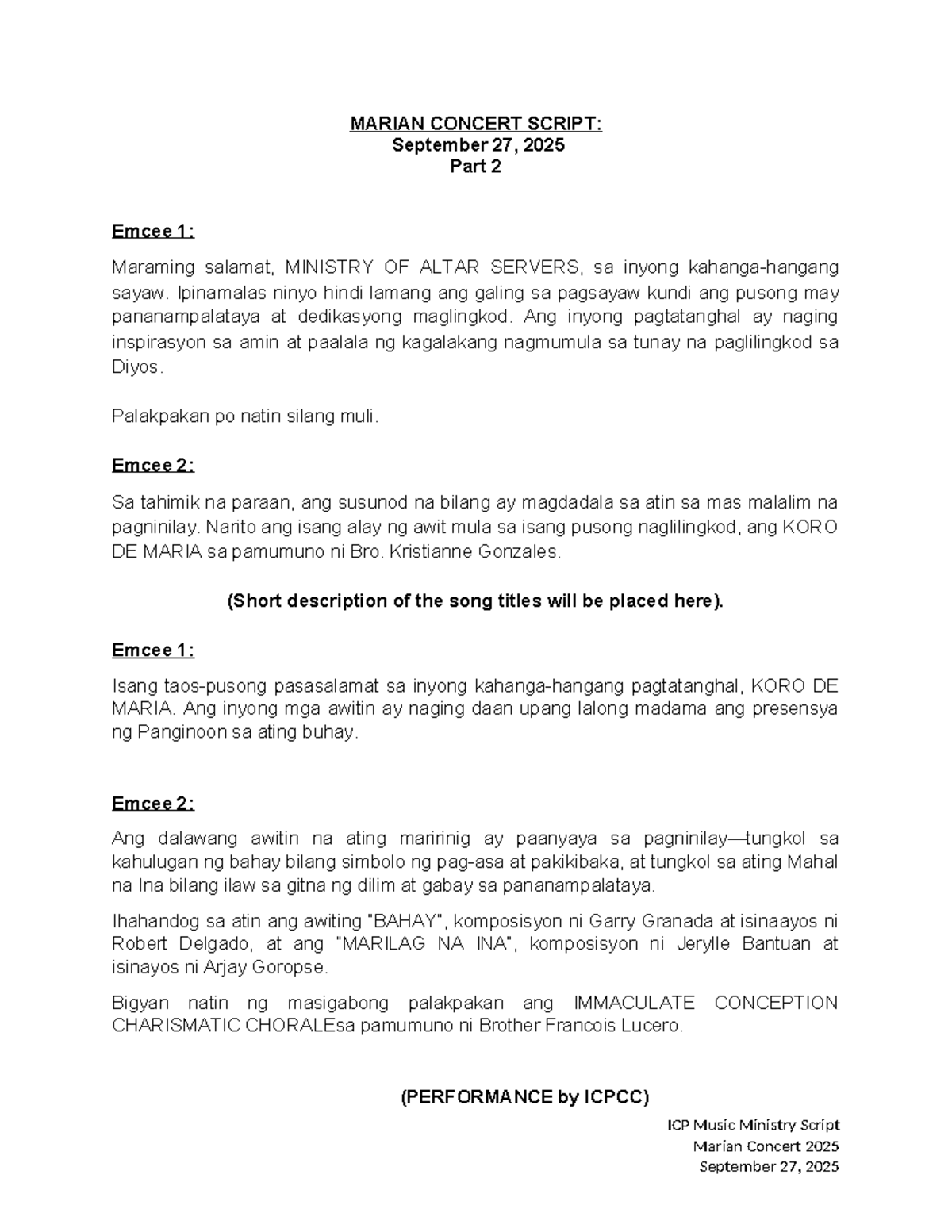 Marian Concert Script 2025: Emcees & Performances (Part 2) - Studocu