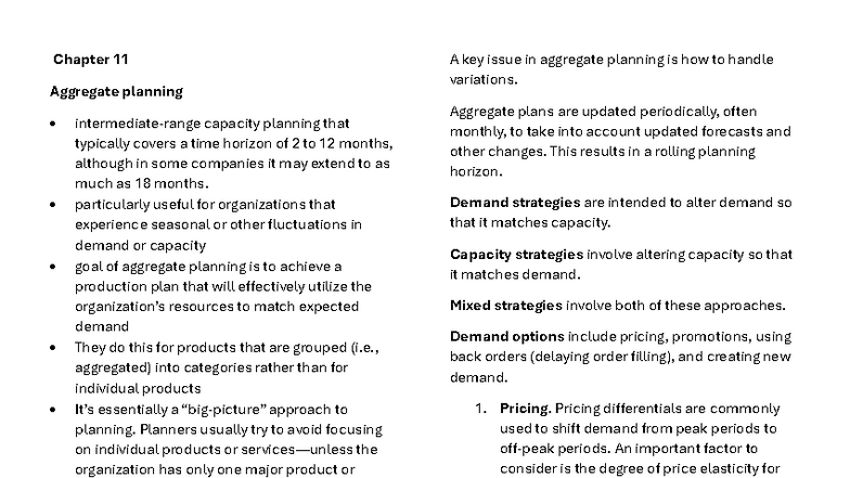Chapter 11 & 12 Aggregate Planning and Capacity Management Review - Studocu