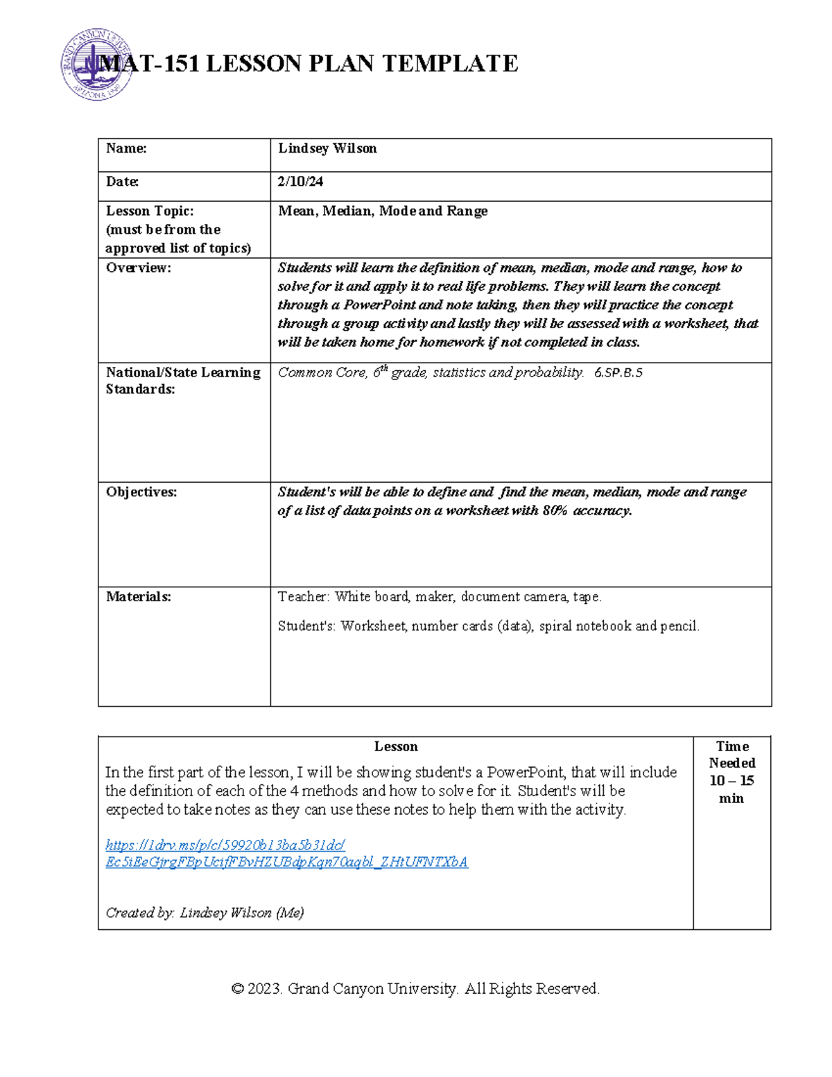 MAT-151 Mean, Median, Mode & Range Lesson Plan Overview - Studocu