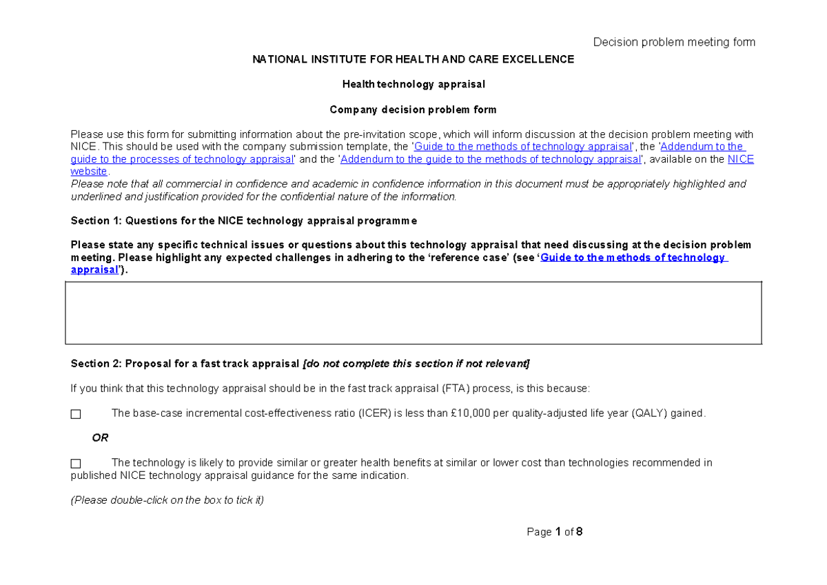 Company Decision Problem Form for NICE Technology Appraisal (Apr 2017 ...