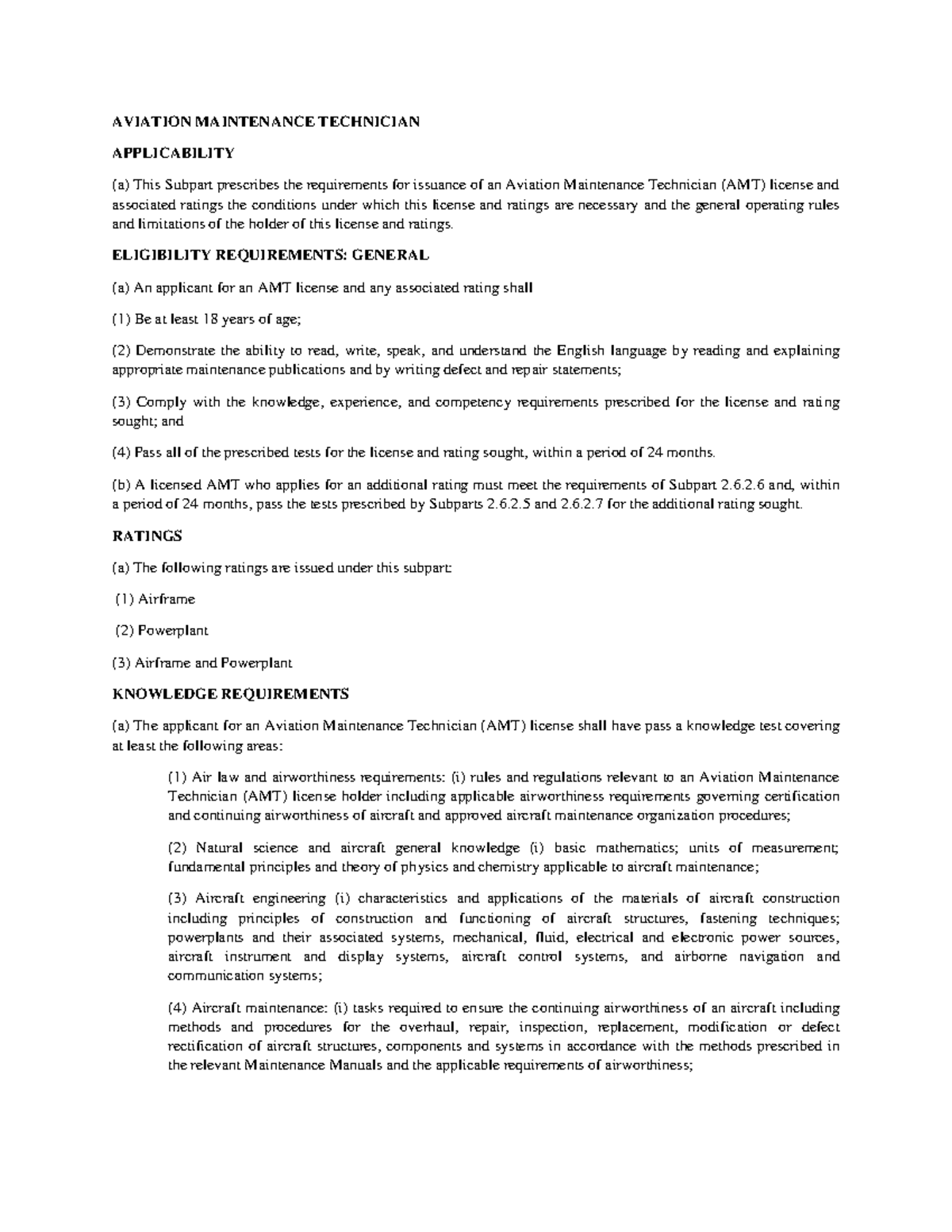 Aviation Maintenance Technician License Requirements (Airlaw PCAR 2 ...