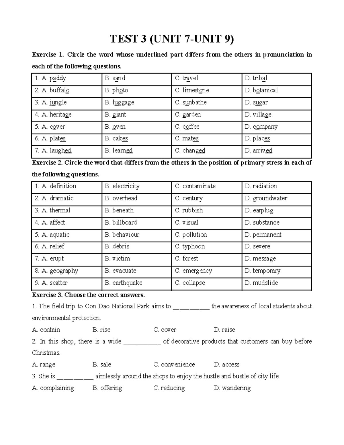 Test 3 Unit 7 9 Pronunciation And Vocabulary Exercises Studeersnel