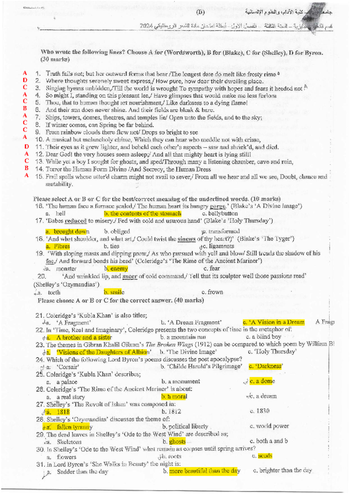Romanticism Quiz 2024-1 B: Identify the Poets and Their Works - Studocu