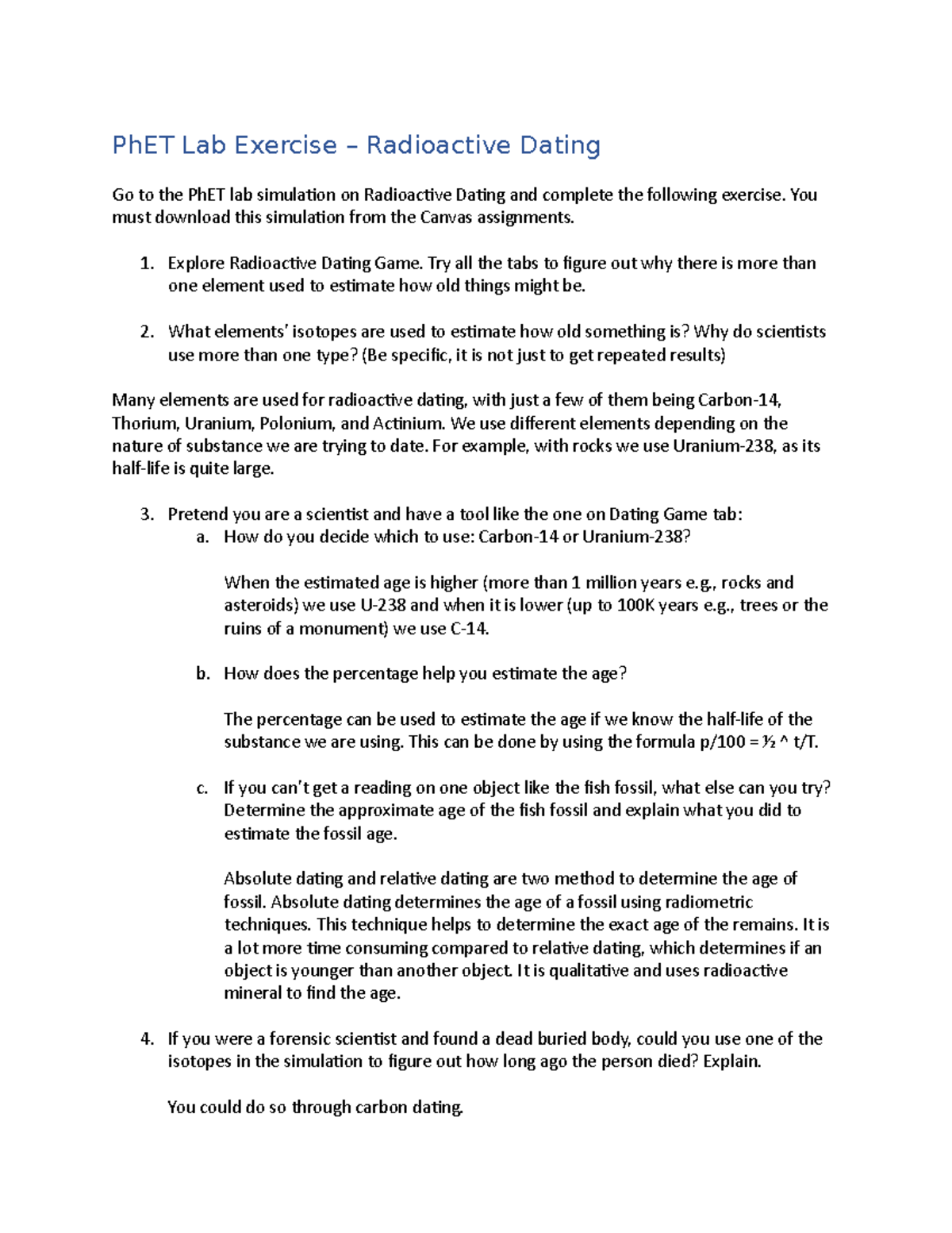 Radioactive Dating Lab Exercise: Understanding Age Estimation ...