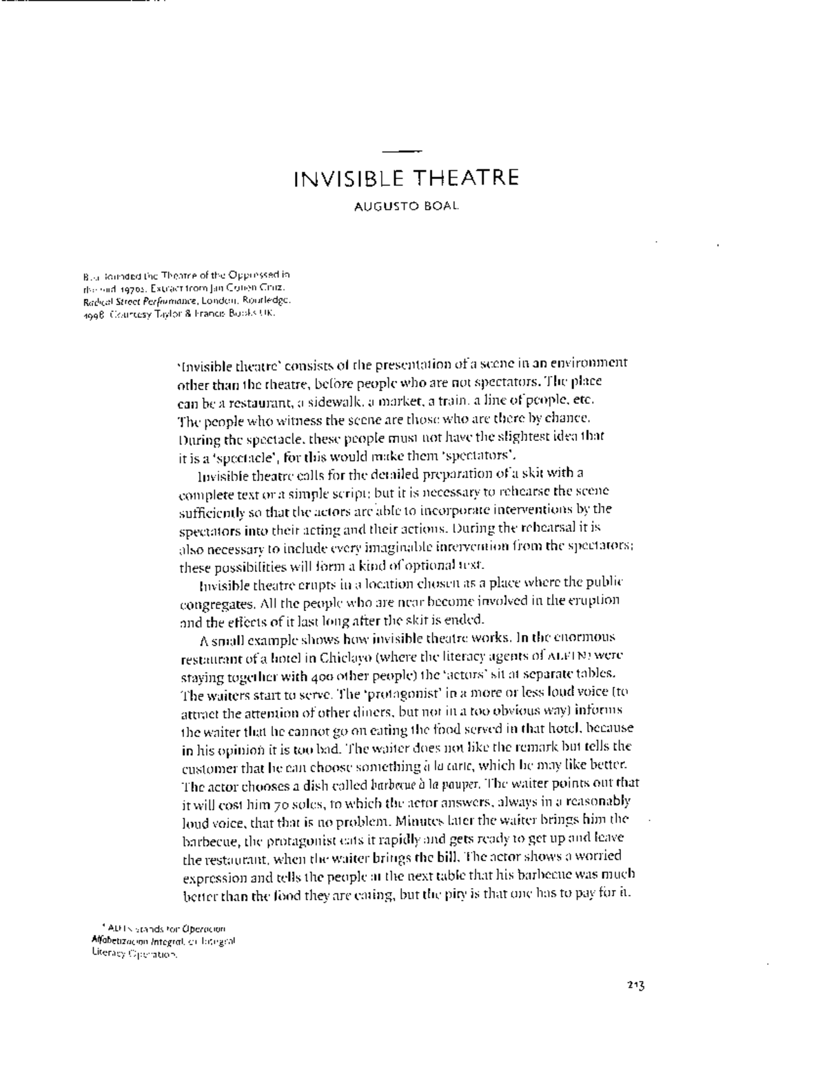 Boal Invisible Theatre - INVISIBLE THEATRE AUGUSTO BOAL Boal founded ...