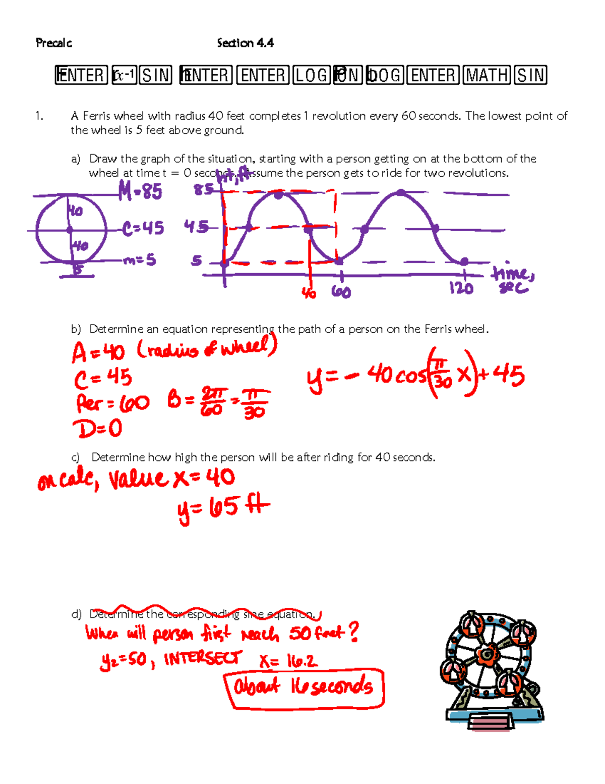 Precalc Section 4.4: Ferris Wheel Problems & Sine Equation - Studocu