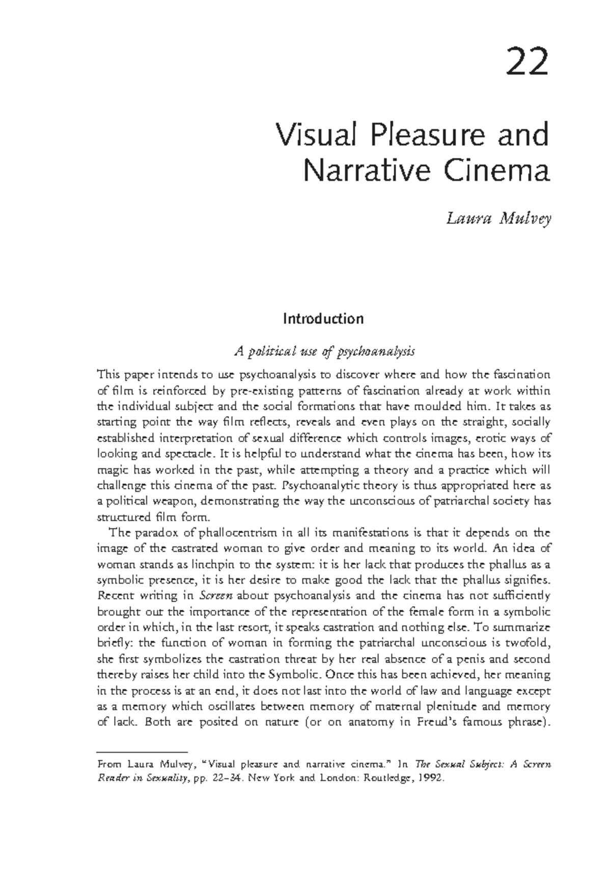 Laura Mulvey's Visual Pleasure & Narrative Cinema Analysis (342 ...