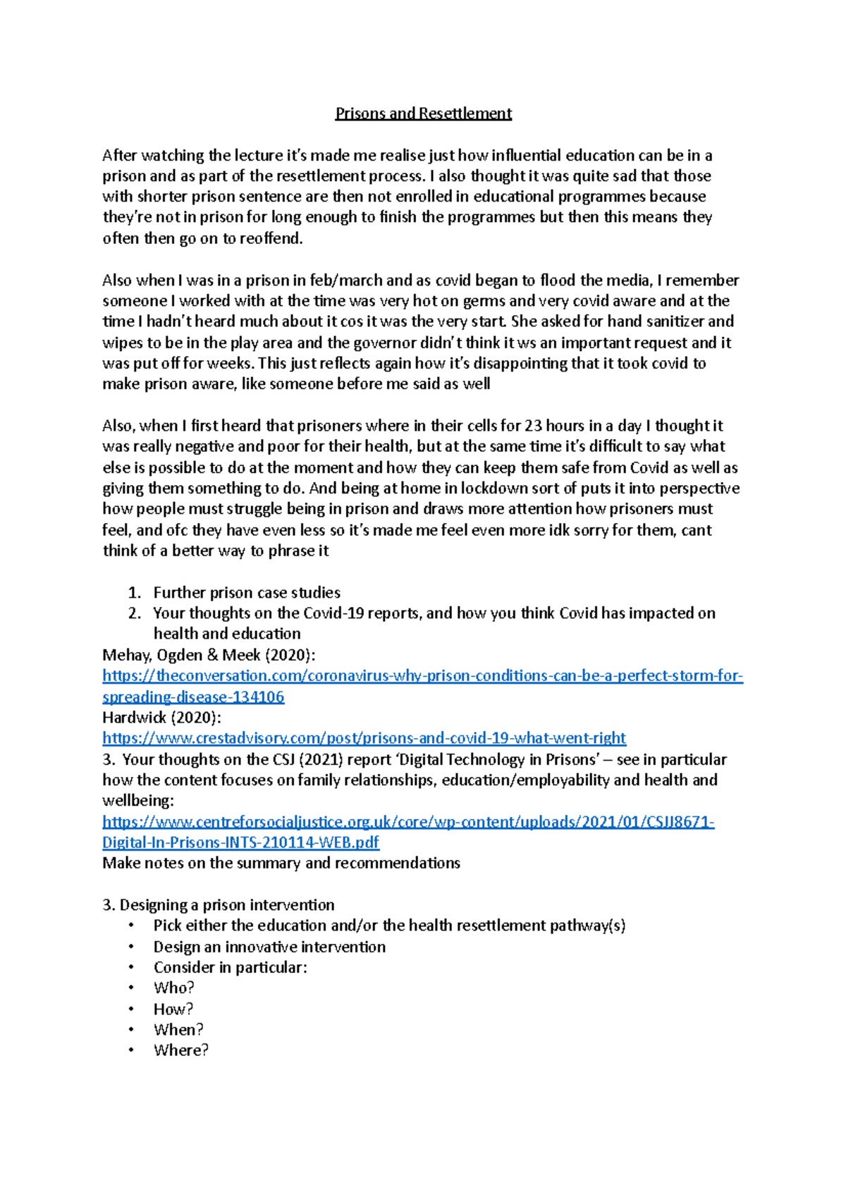 Seminar 3 Prisons and Resettlement - Prisons and Resettlement After ...