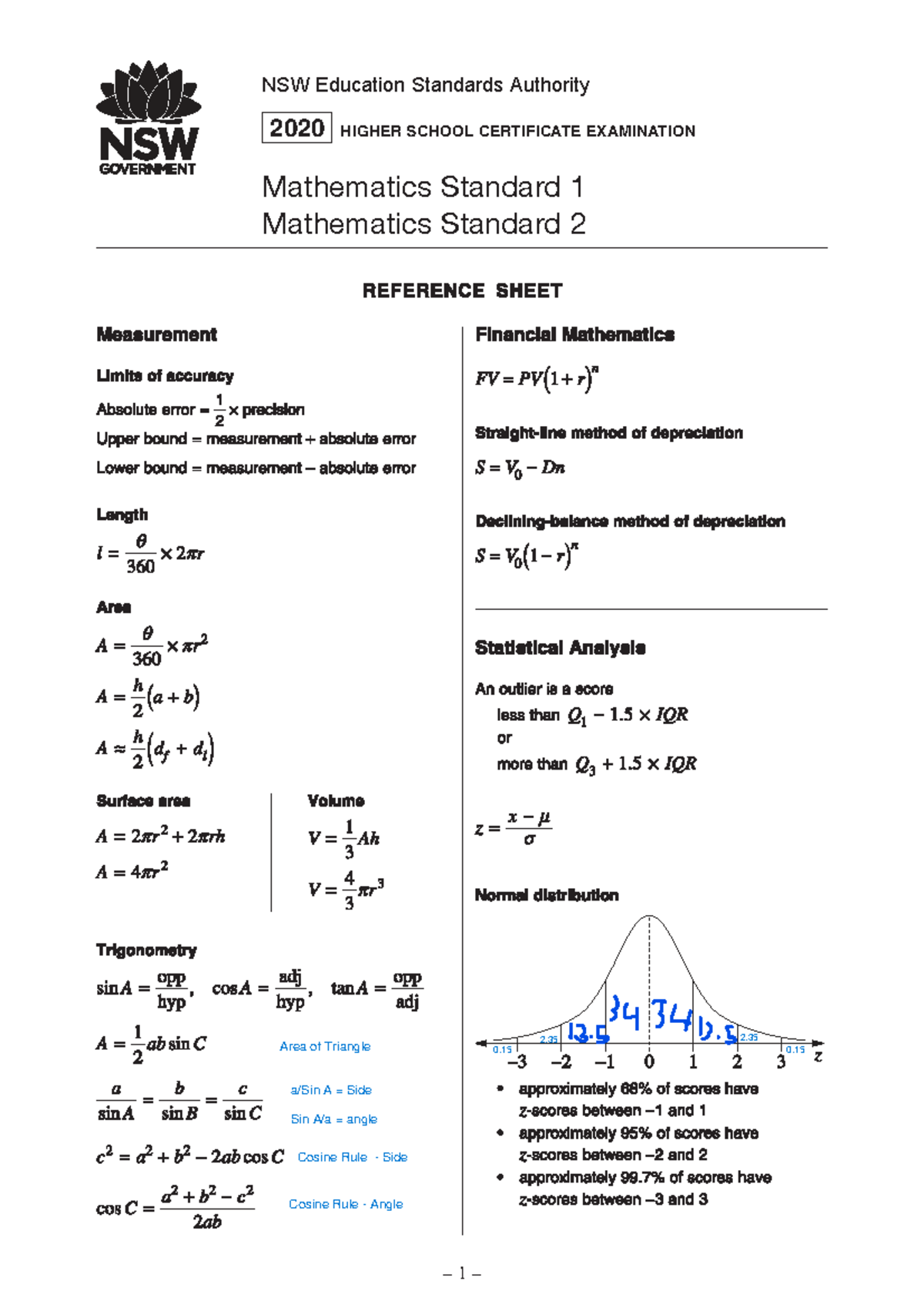 Mathematics standard 1 and 2 reference sheet nov 2019 - – 1 – NSW ...