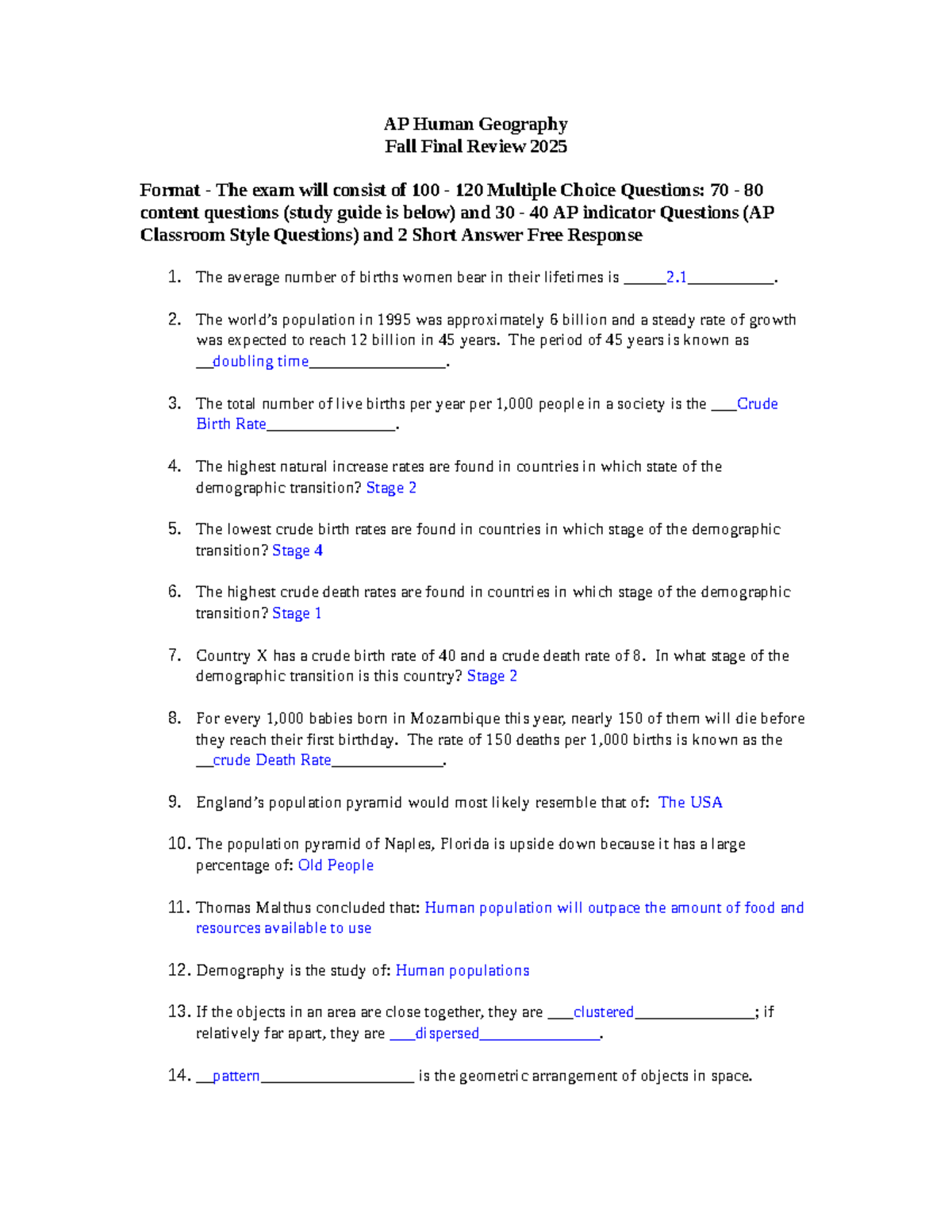 APHG Fall Final Exam Review Study Guide 2025 - Studocu