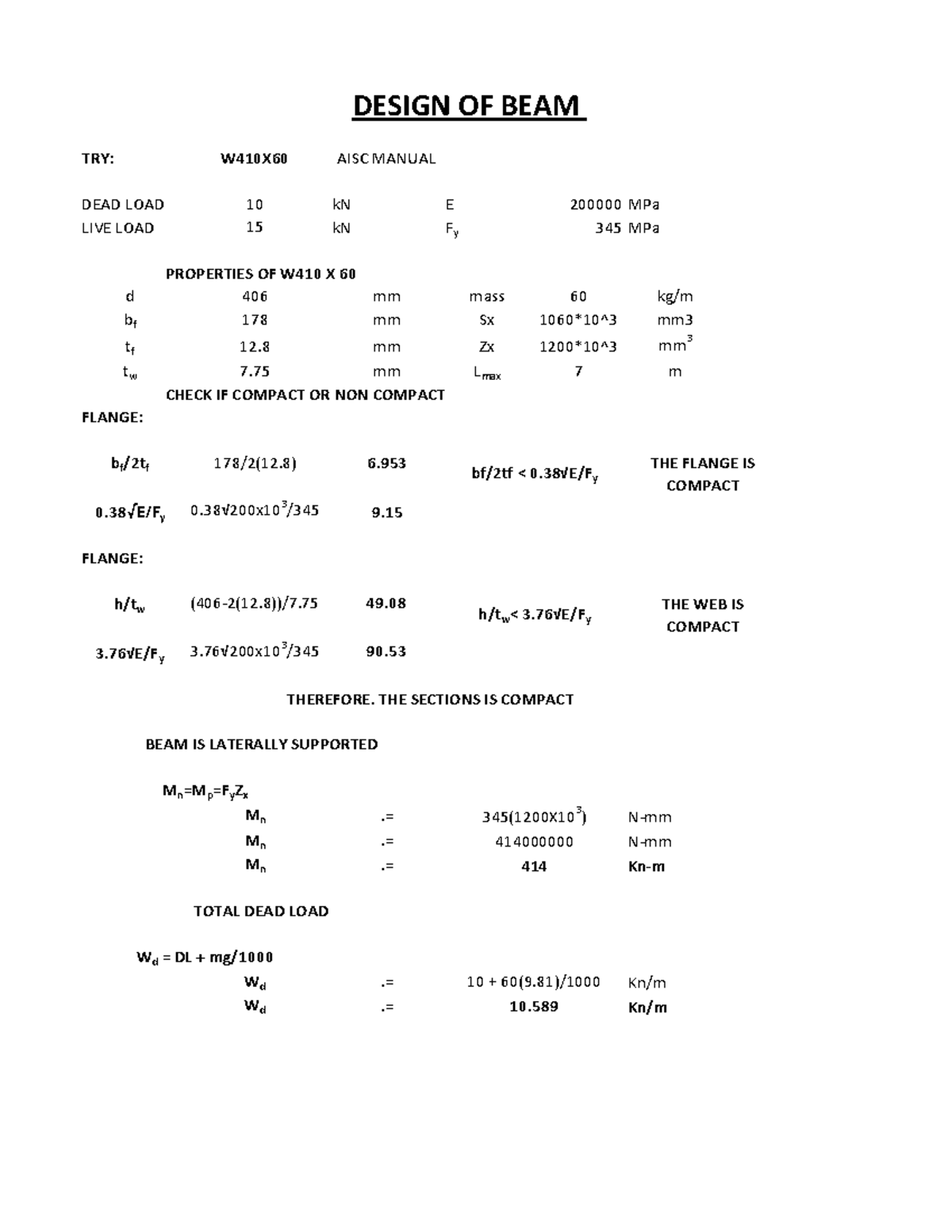 W410X60 Beam Design: Dead & Live Load Analysis (Steel) - Studocu