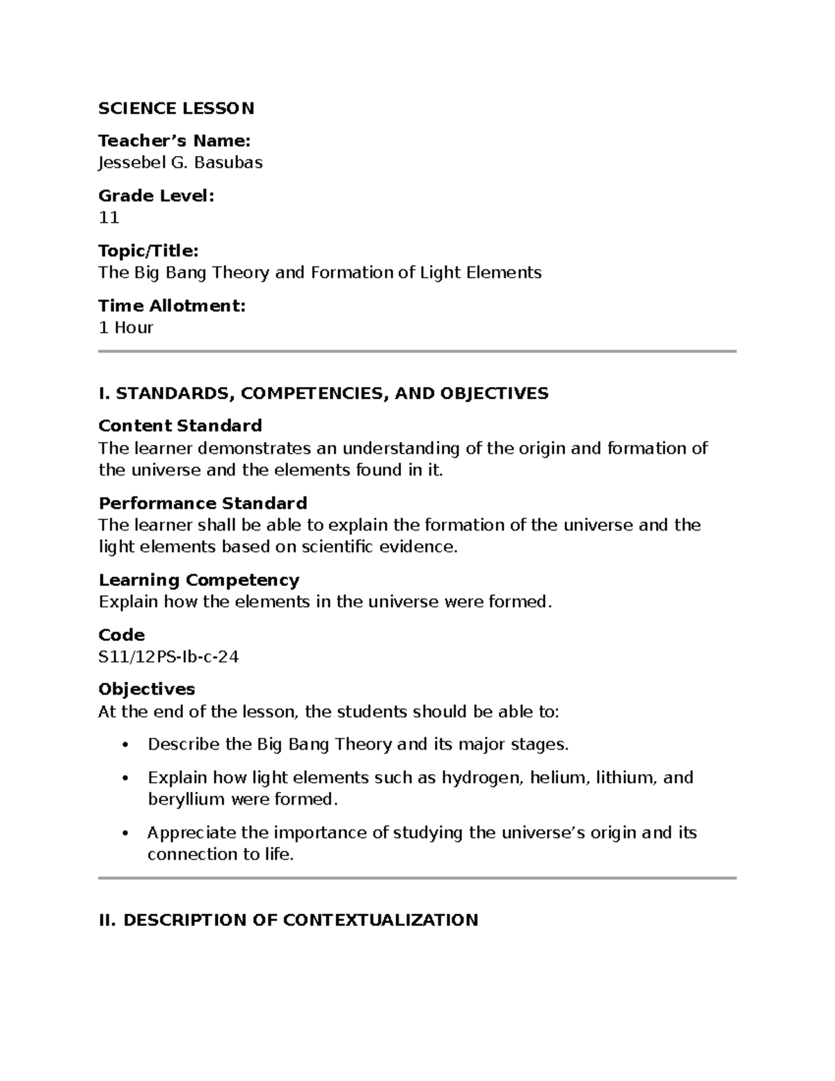 DLP: Big Bang Theory & Light Elements - Grade 11 Science - Studocu