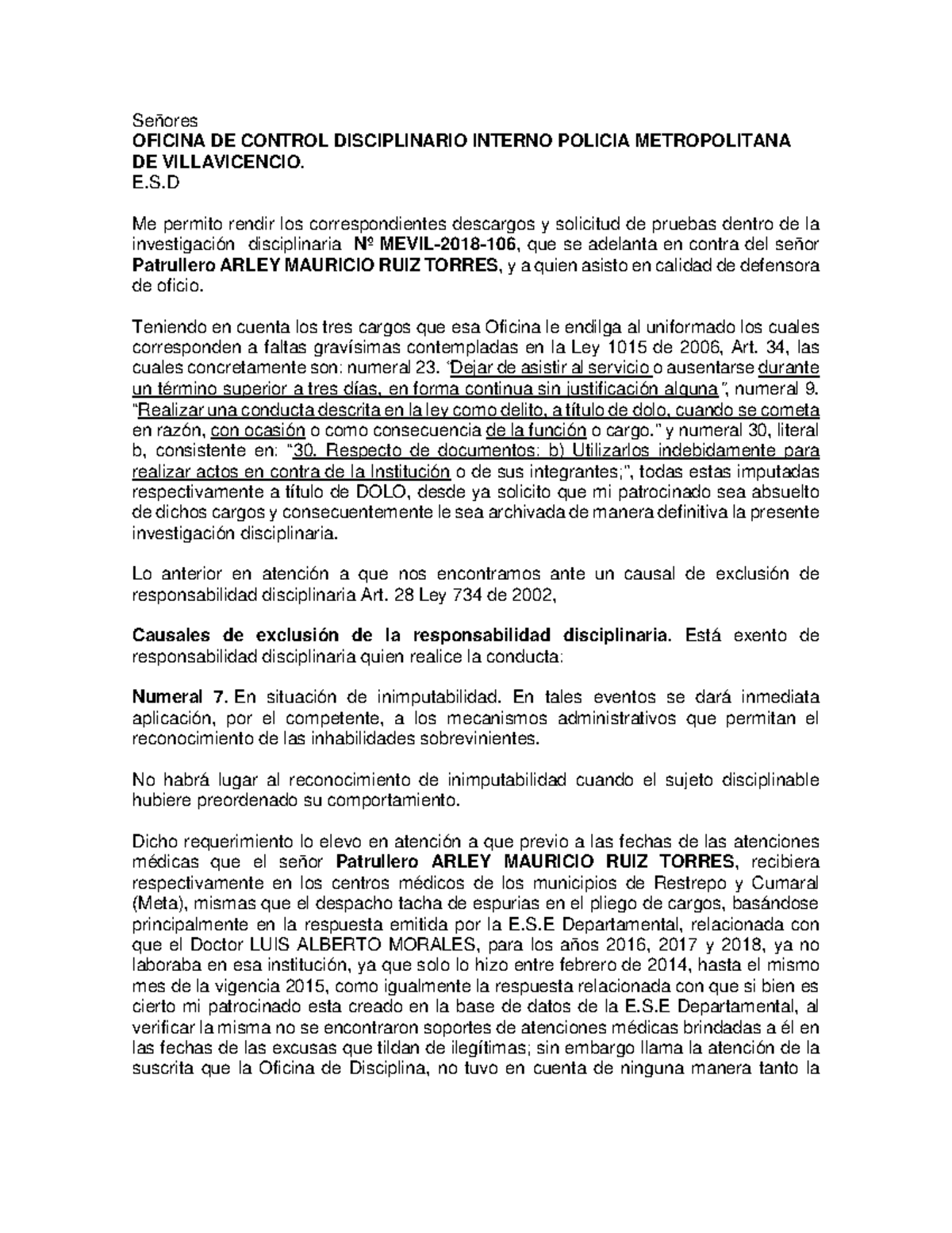 Descargos y Solicitud de Pruebas en Investigación Disciplinaria Nº ...