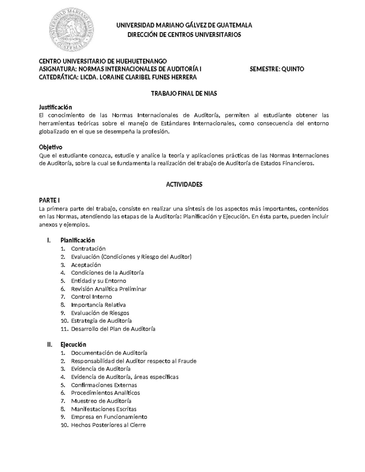Trabajo Final de Normas Internacionales de Auditoría I - NIA - Studocu