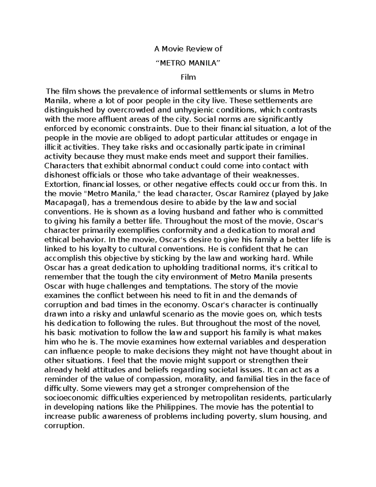 Movie Review - Metro Manila: Exploring Slum Life and Morality - Studocu