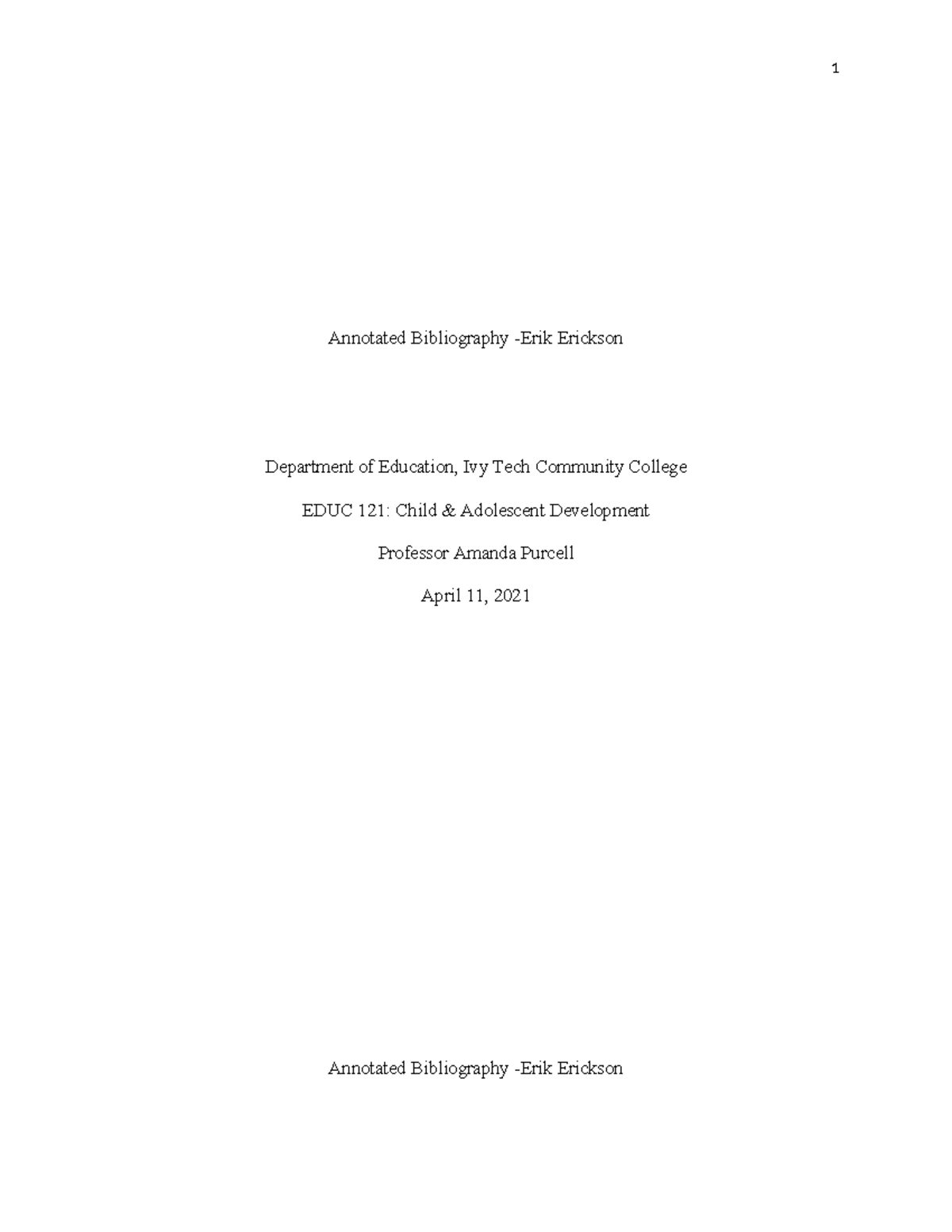 EDUC 121: Annotated Bibliography on Erikson's Development Stages - Studocu