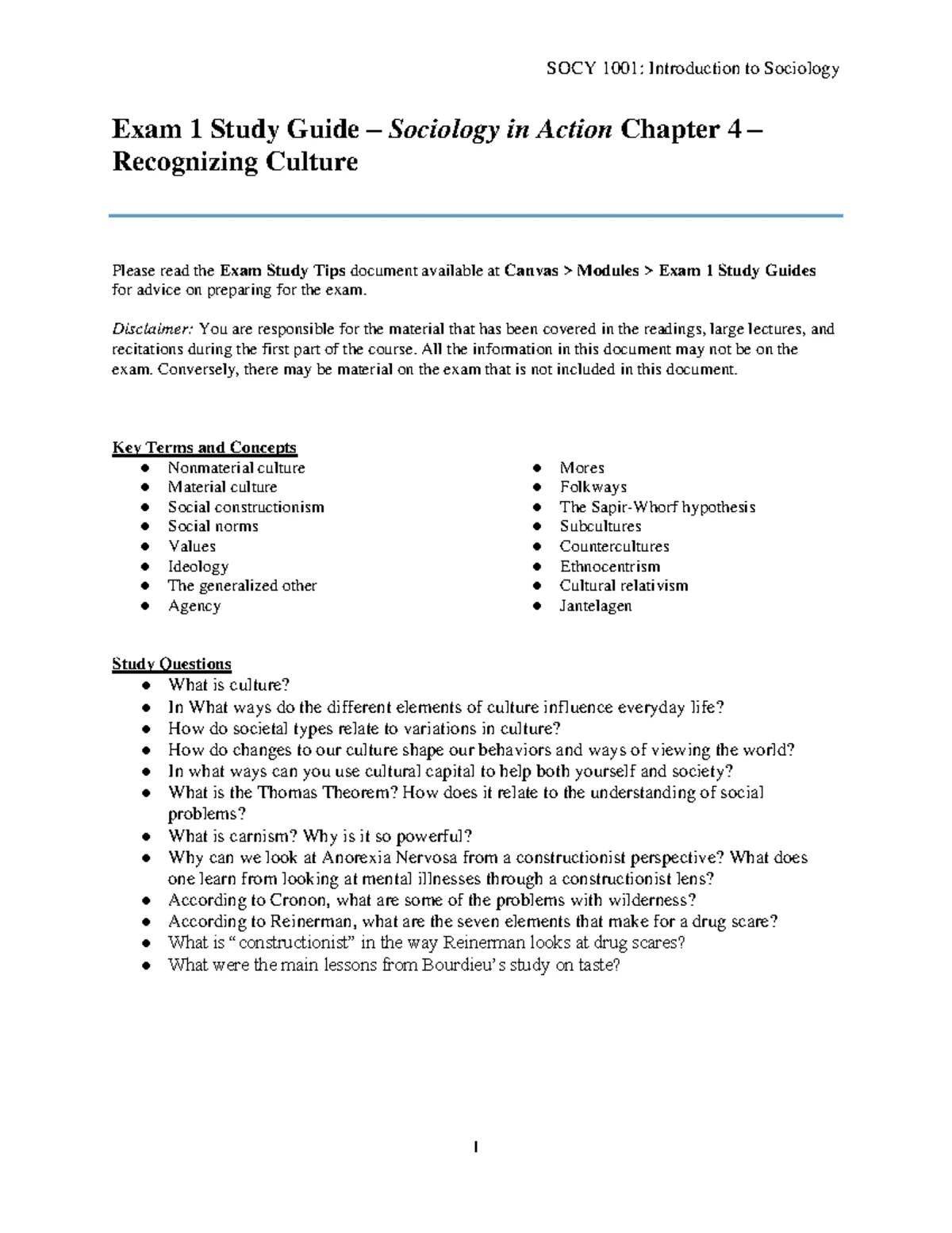 SOCY 1001 Exam 1 Study Guide: Chapter 1 - Sociology in Action - Studocu
