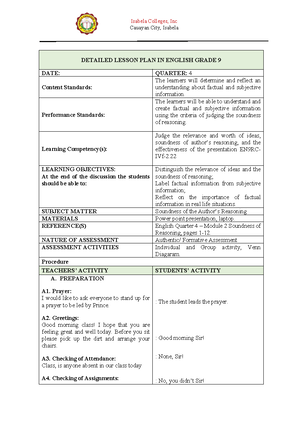 Detailed Lesson Plan In English Grade 9 Michelle Lesson