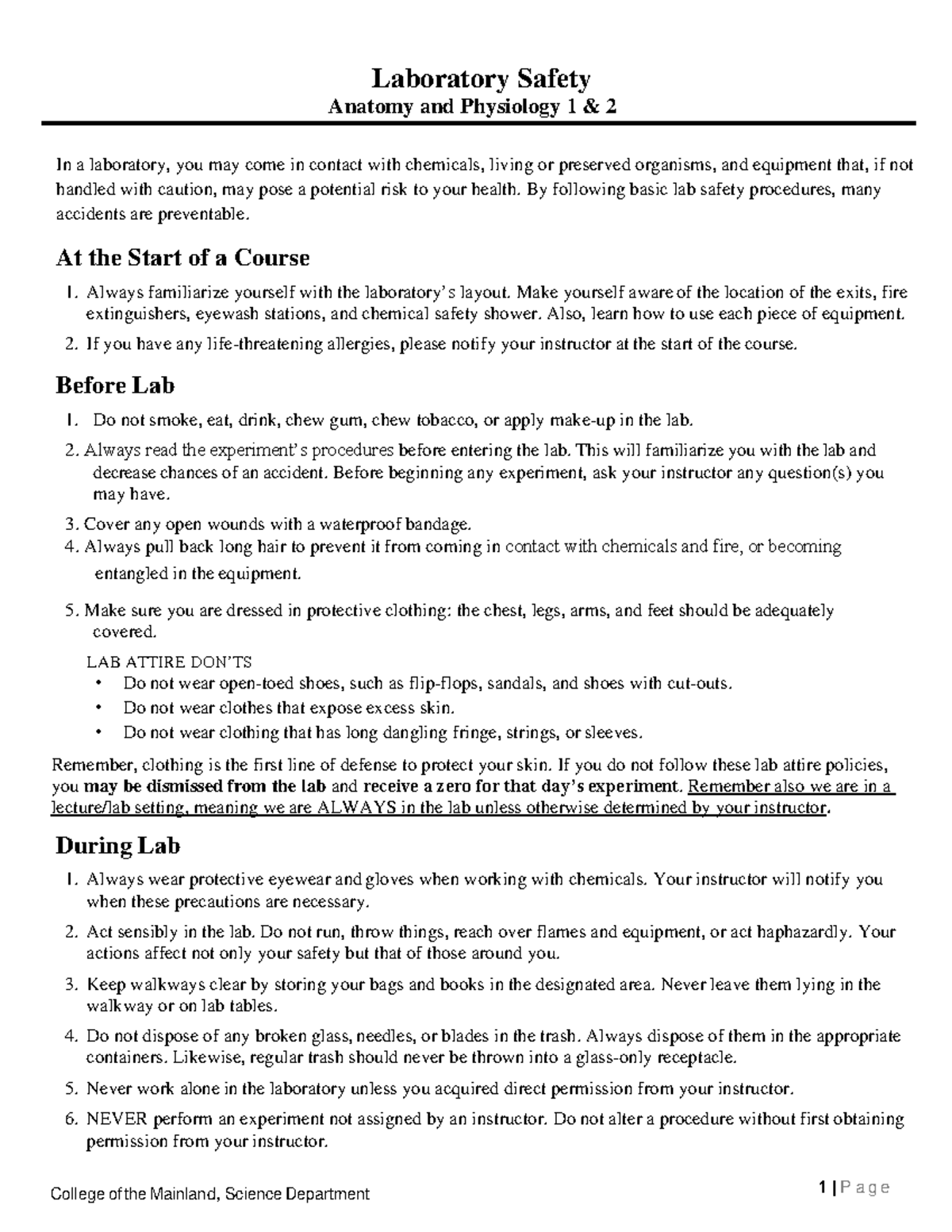 Anatomy and Physiology 1 & 2: Essential Lab Safety Guidelines - Studocu