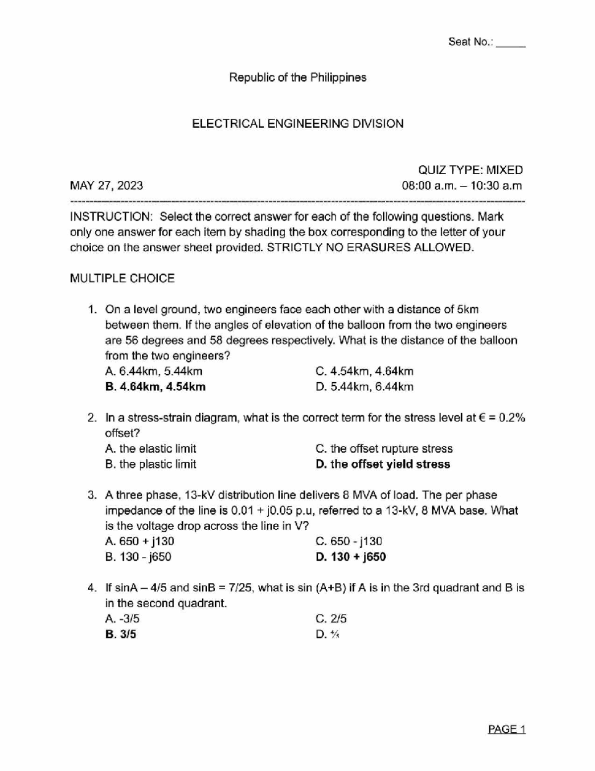 MATH AND ESAS 5 - PREBOARD QUIZ: ELECTRICAL ENGINEERING QUESTIONS - Studocu