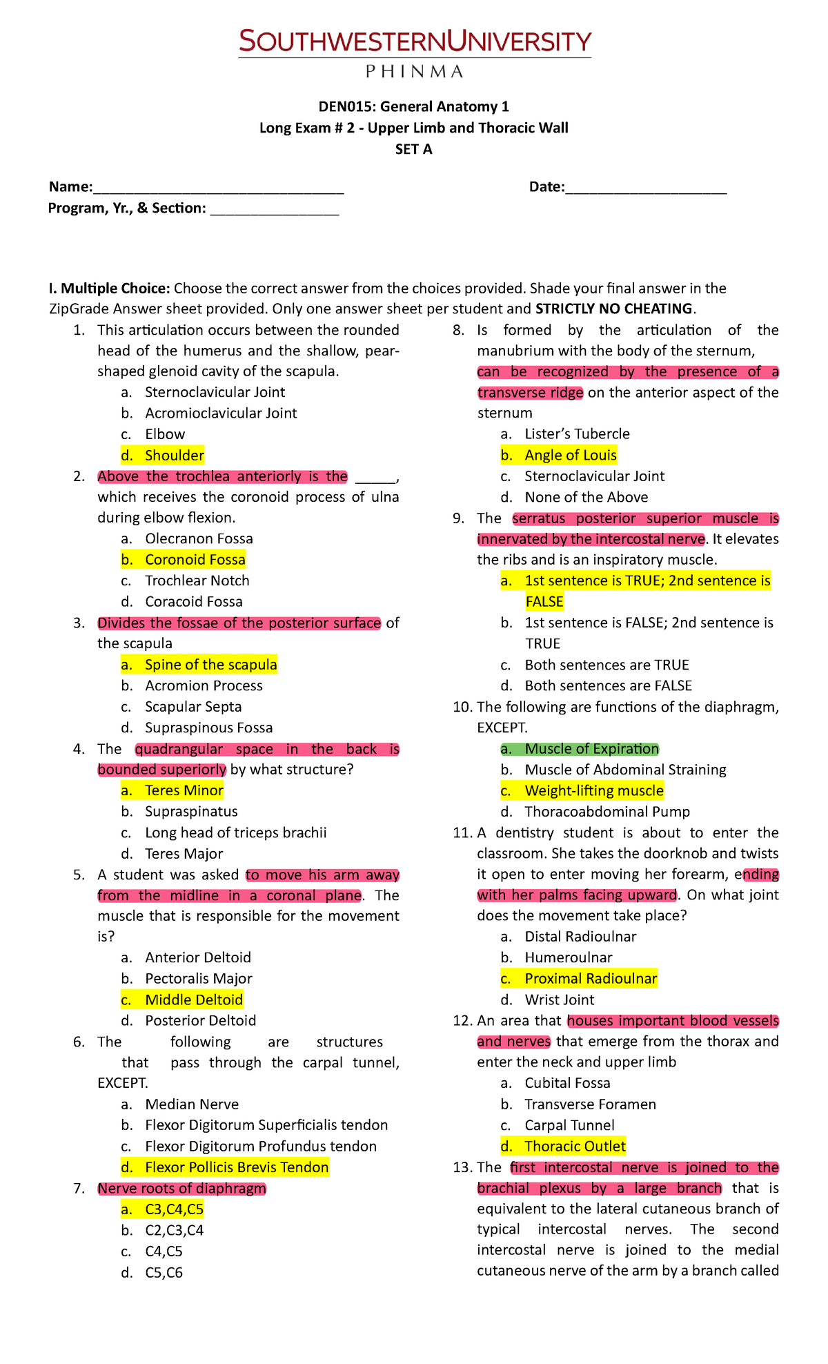 Reviewer's Guide for DEN015: General Anatomy 1 - Long Exam 2 - Studocu