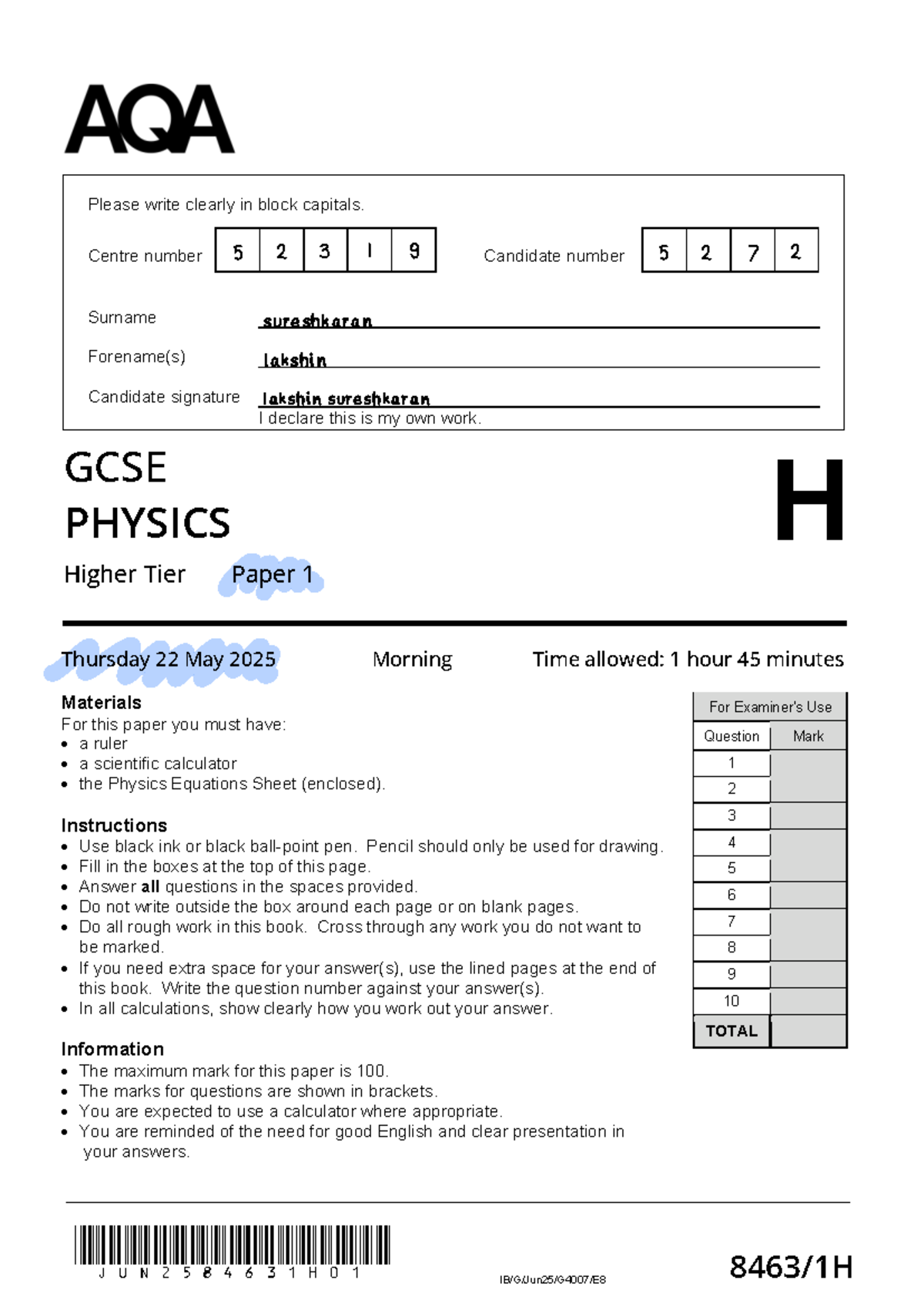 AQA GCSE PHYSICS Higher Tier H Paper 1 - June 2025 Exam Questions - Studocu