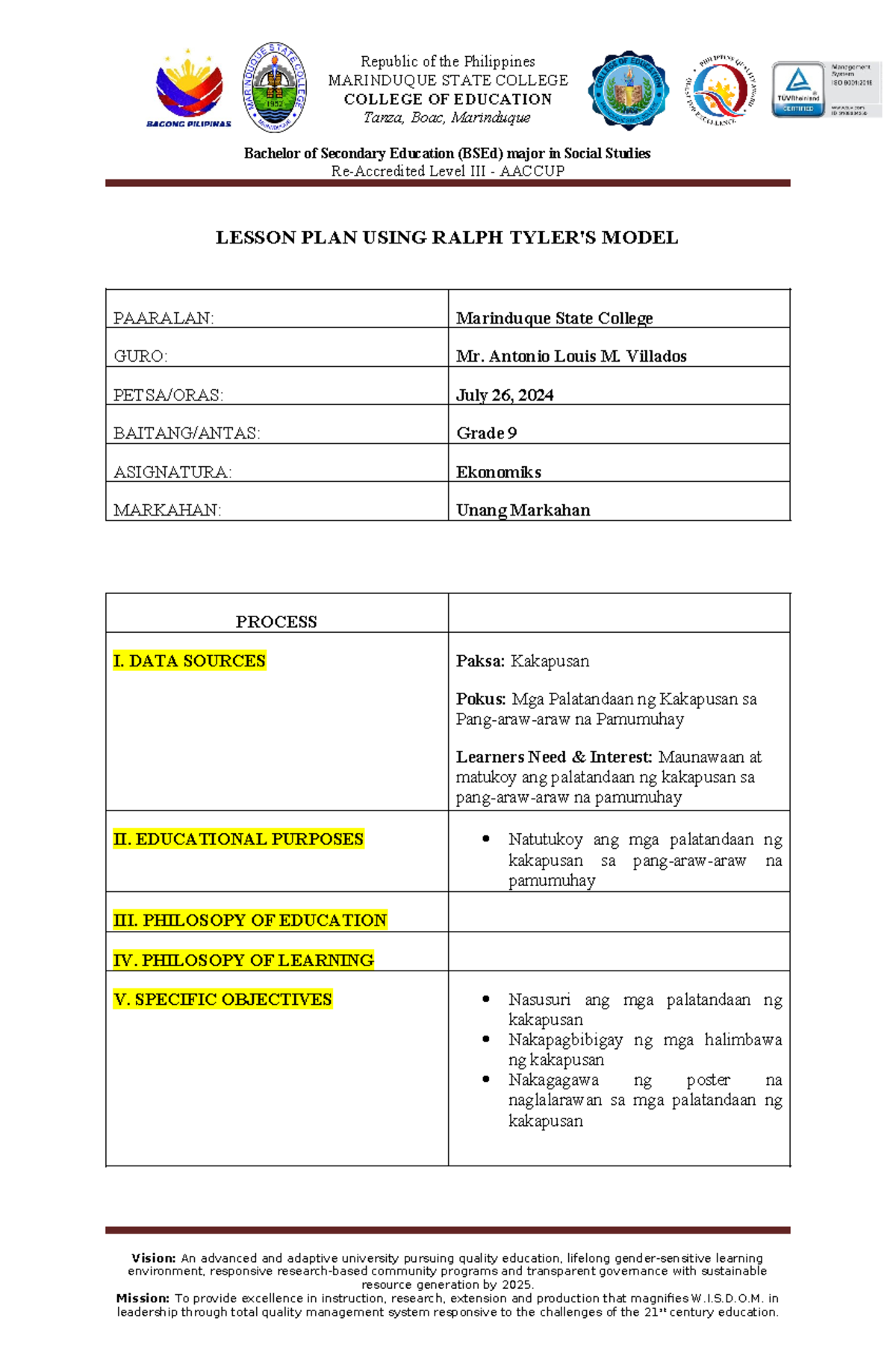 Lesson Plan for Grade 9 Ekonomiks Using Ralph Tyler's Model (BSEd ...