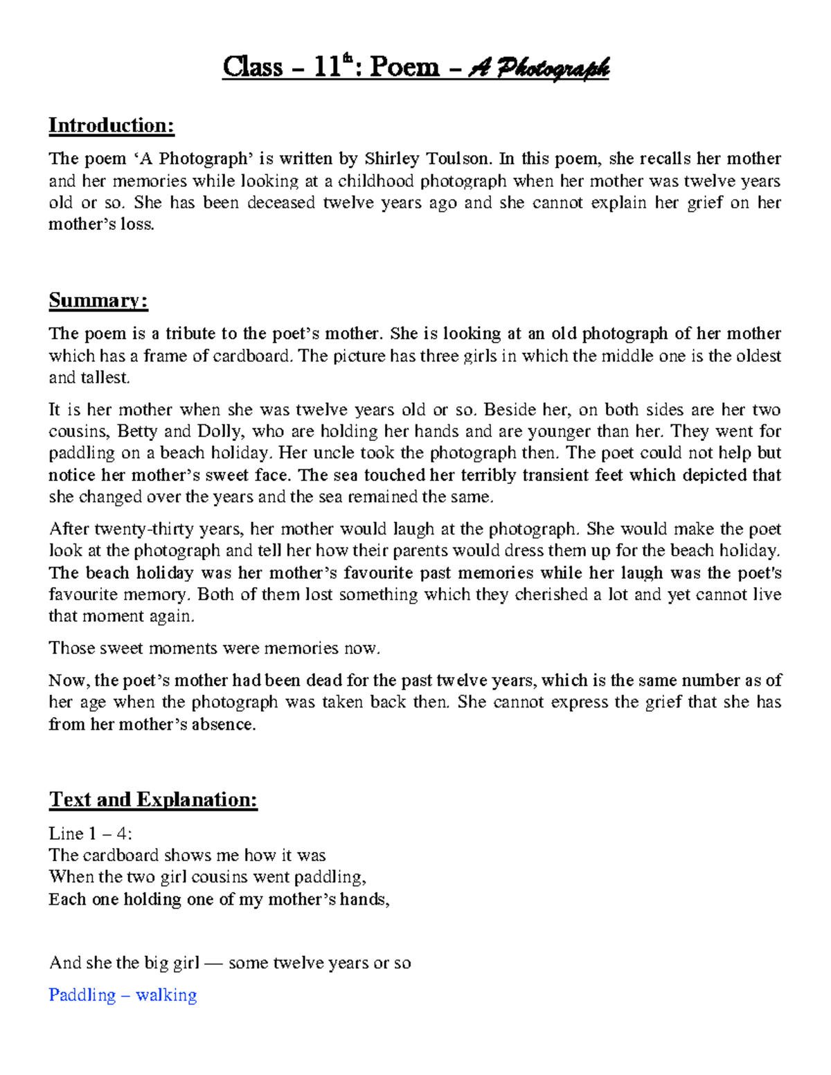 Class 11: Poem Analysis of "A Photograph" by Shirley Toulson - Studocu
