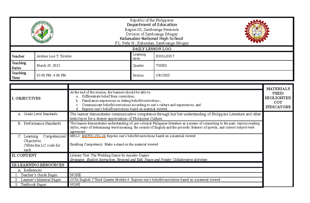 Lesson Plan For English 7 Q3 Classroom Observation Overview Studocu