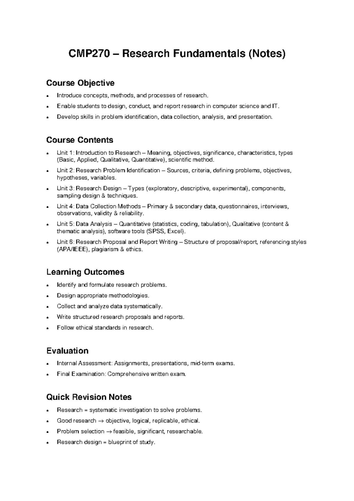 CMP270 Research Fundamentals: Comprehensive Study Notes - Studocu