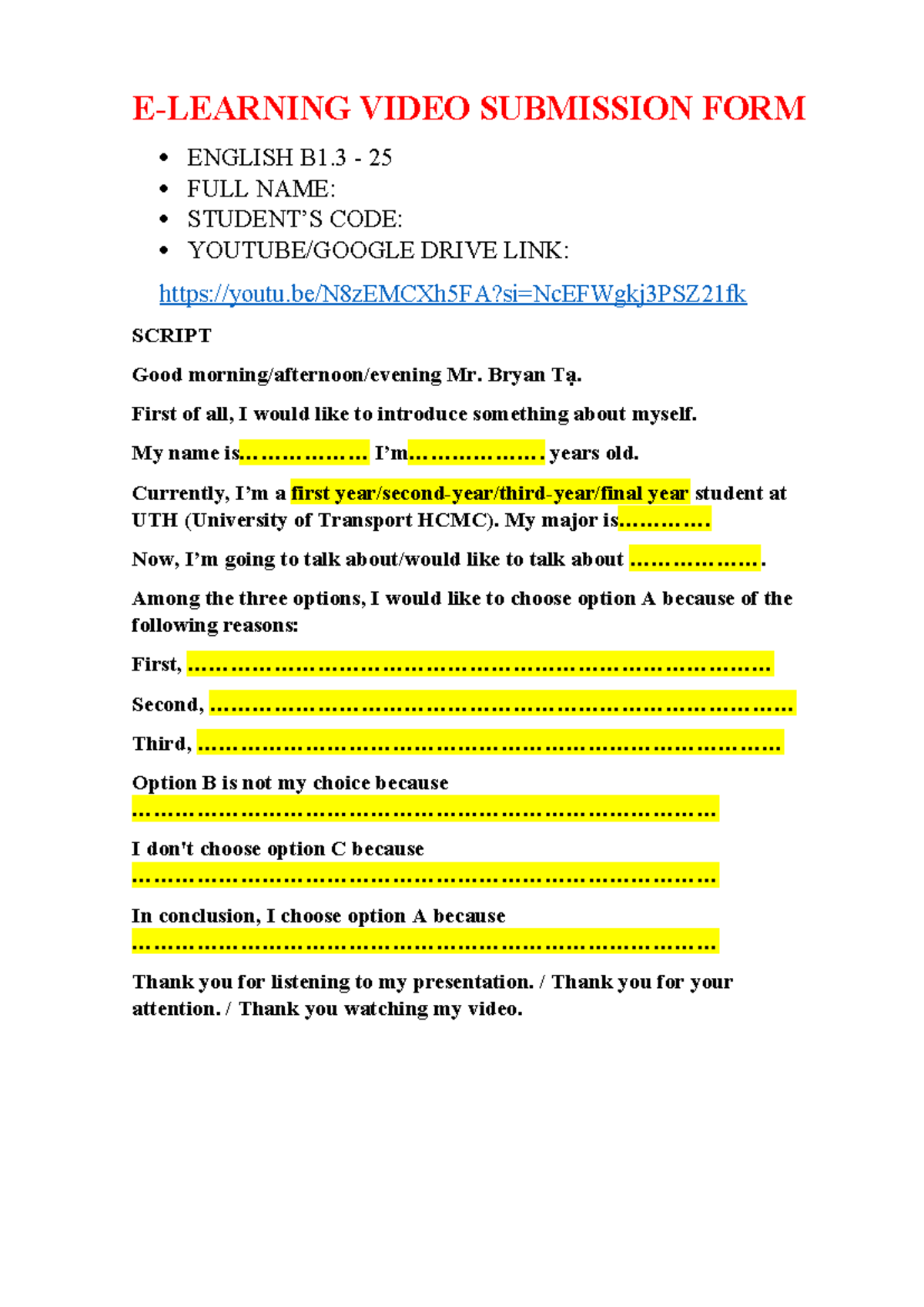 VIDEO SUBMISSION FORM ENGLISH B1.3 - PERSONAL INTRODUCTION - Studocu