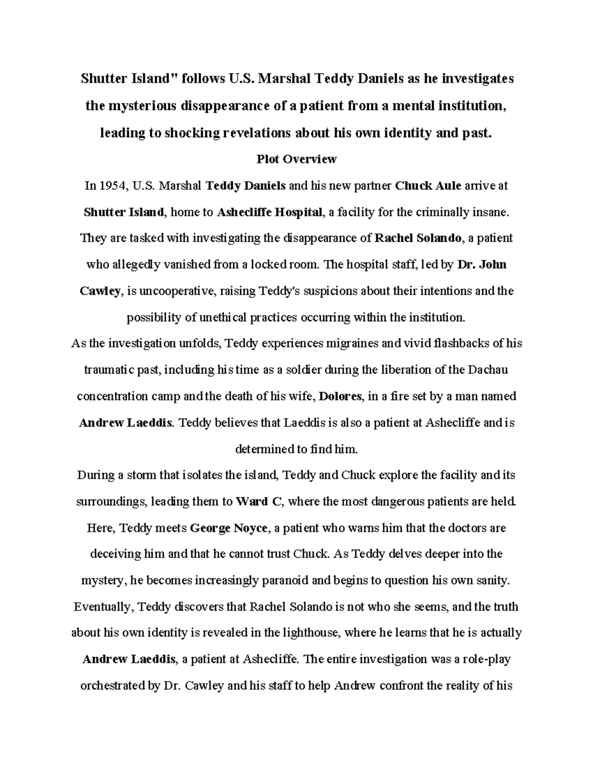Shutter Island: Plot Twists and Identity Revelations (Doc 3) - Studocu