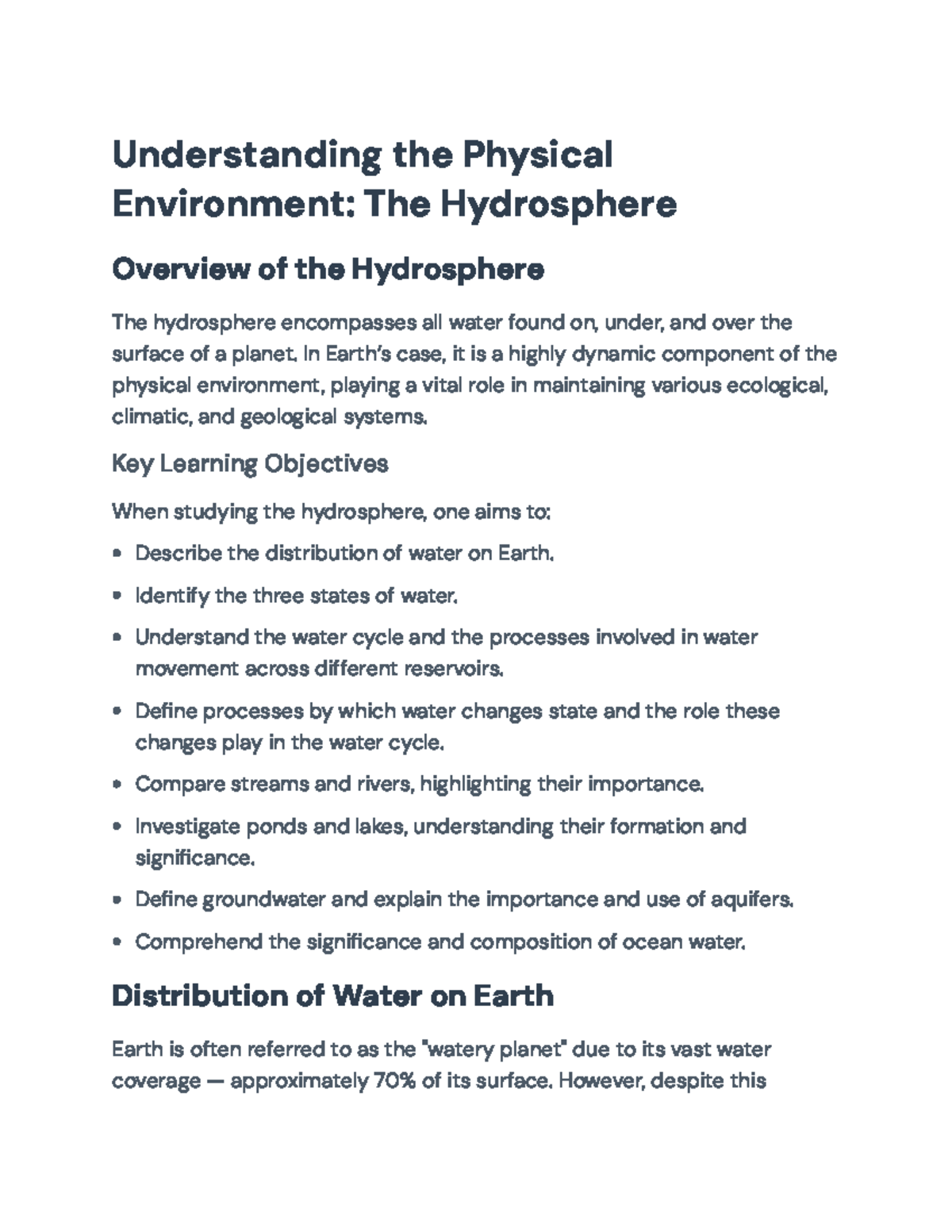 Understanding the Hydrosphere: Water Distribution, States, and Cycle ...